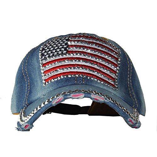 AISHNE Women American Flag Rhinestone Jeans Denim Baseball Adjustable Hat Blue