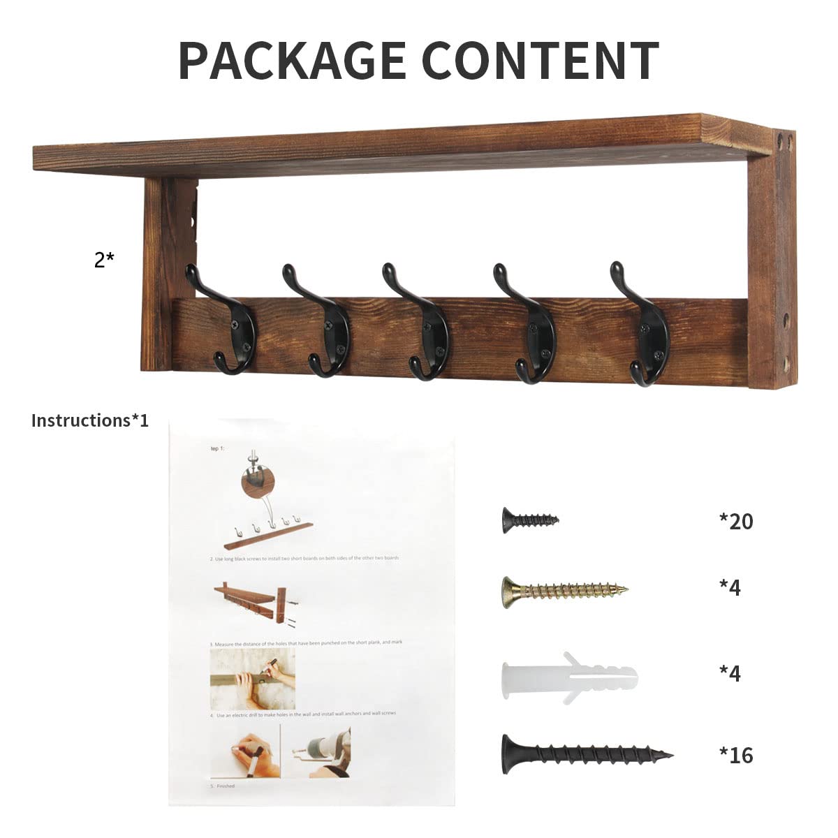 BEIUTAO 2 Pack Coat Rack Wall Mount with Shelf, Wood Wall Coat Rack with Hooks, Coat Hanger Wall Mount, Entryway Shelf for Clothes, Hats, Towel, Purse, for Living Room, Bedroom, Bathroom, Rustic Brown