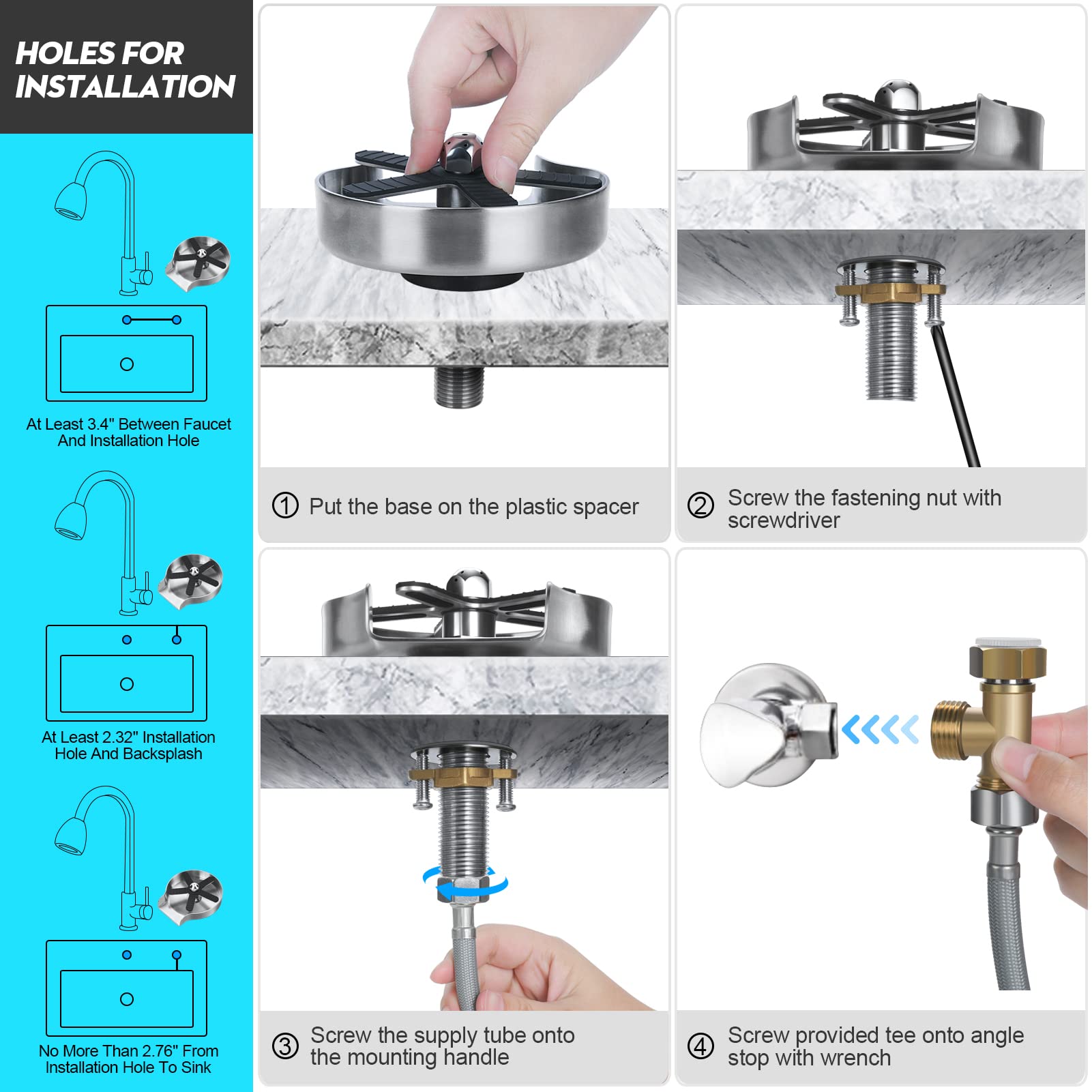 Glass Rinser, Ranol cup washer for sink with metal base, Stainless steel glass rinser for kitchen sink, Perfect for cleaning all glassware