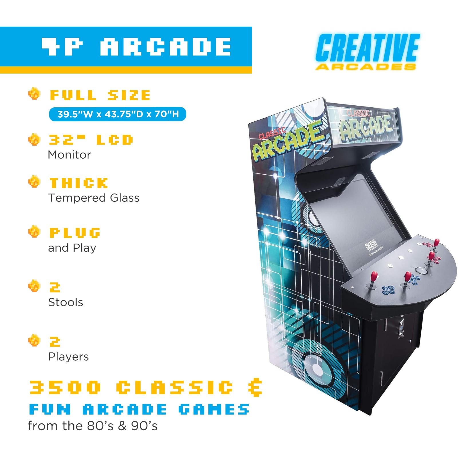 Creative Arcades Full Size Stand-Up Commercial Grade Arcade Machine | 4 Player | 3500 Games | 32" LCD Screen | 4 Sanwa Joysticks | Trackball | 2 Stools Included | 3 Year Warranty