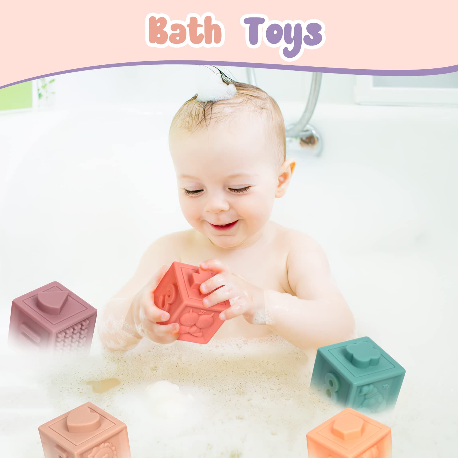 Abellzos Baby Soft Blocks, Stacking Building Blocks, Baby Toys Teething & Squeezing Cube Blocks with Numbers Animals Shapes Textures for Babies Infants Toddlers (14PCS)