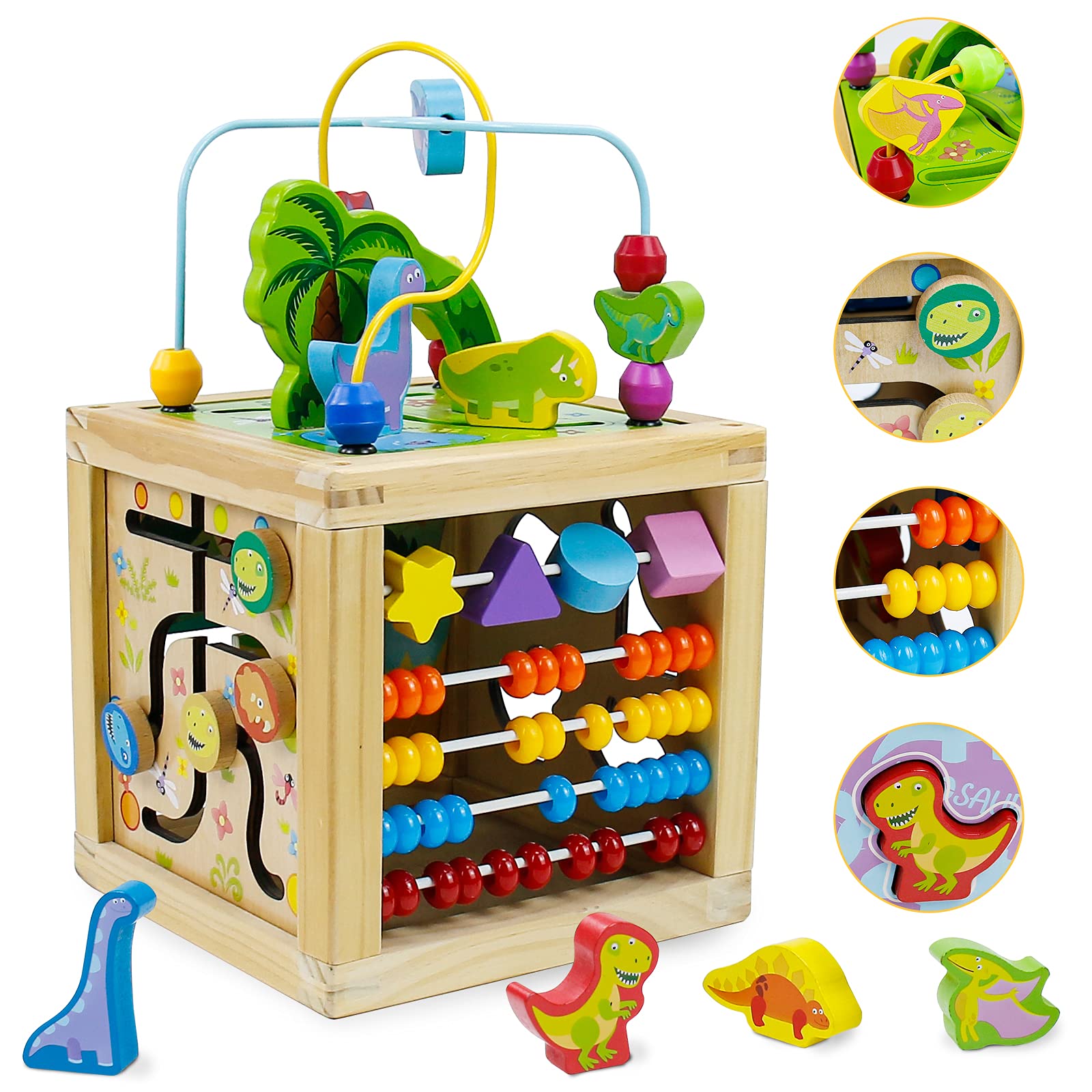 Fajiabao Baby Wooden Activity Cube - Toddler Activity Center Baby Toys 12-18 Months 1 2 3 Year Old Boy Girls Gifts with Bead Maze Sorter Abacus Montessori Dinosaur Toys Educational Learning for Kids