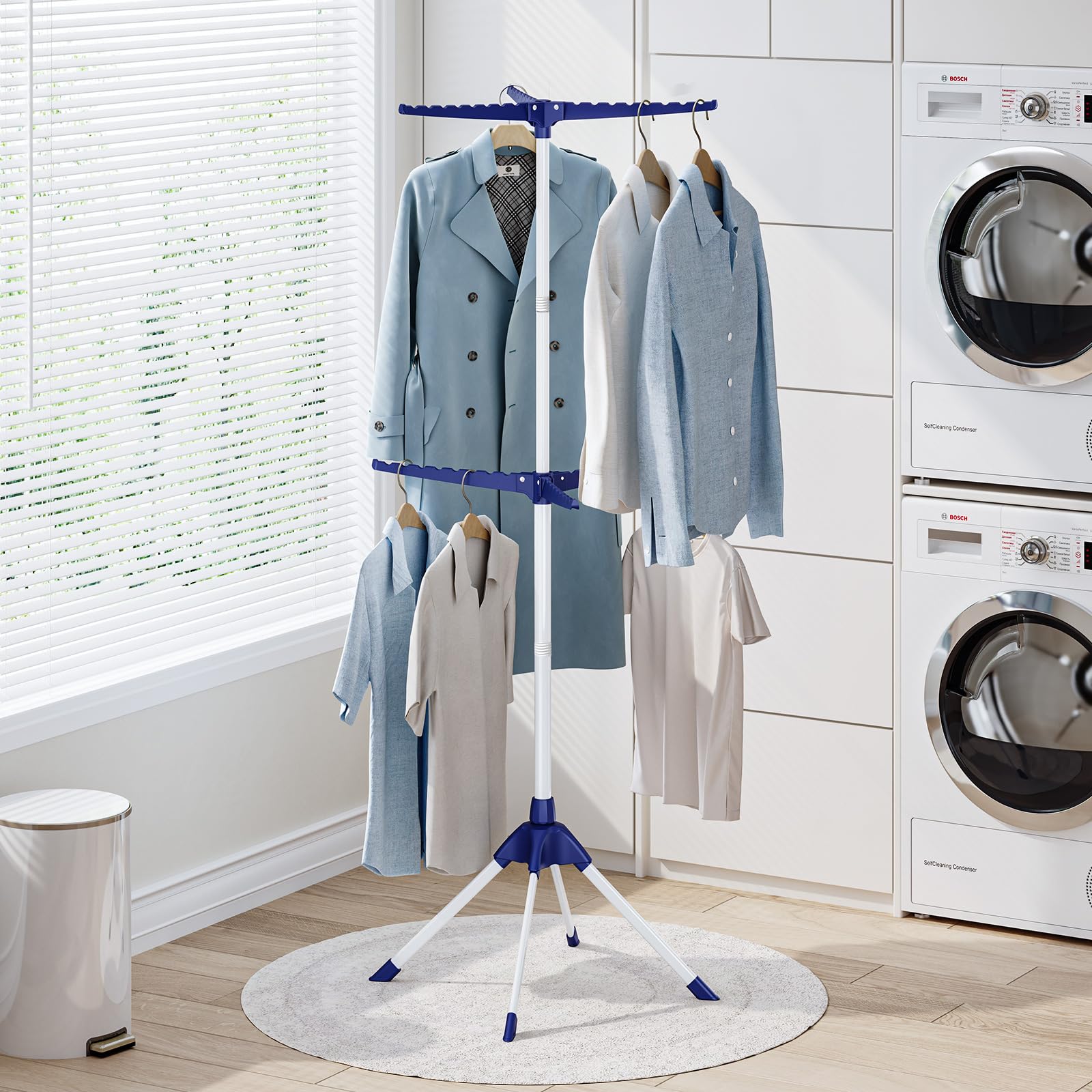 APEXCHASER Clothes Drying Rack, 2-Tier Collapsible Four-Legged Clothing Rack, 6 Arms for Hangers, Portable Garment Rack, Clothes Drying Rack Foldable Blue