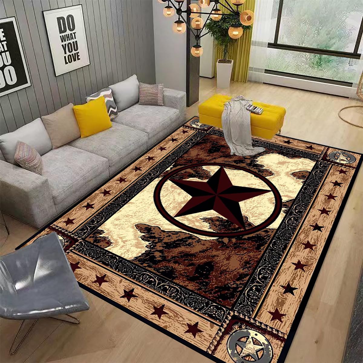 Brown Rustic Western Texas Star Modern Area Rug Primitive Carpet Farmhouse Rug Cowhide Runner Rug Non-Slipping Doormat for Hallway Kitchen Living Room Bedroom Laundry Room Entryway 8' x 10'