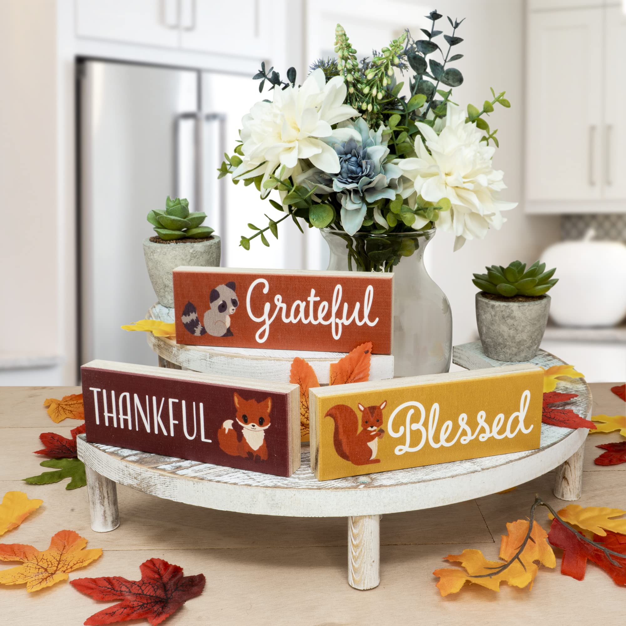 Fall Decorating Grateful Thankful Blessed Wood Block Signs β 3-Piece Fall Decor Set, Thanksgiving & Friendsgiving Decorations, Autumn Tiered Tray Accents
