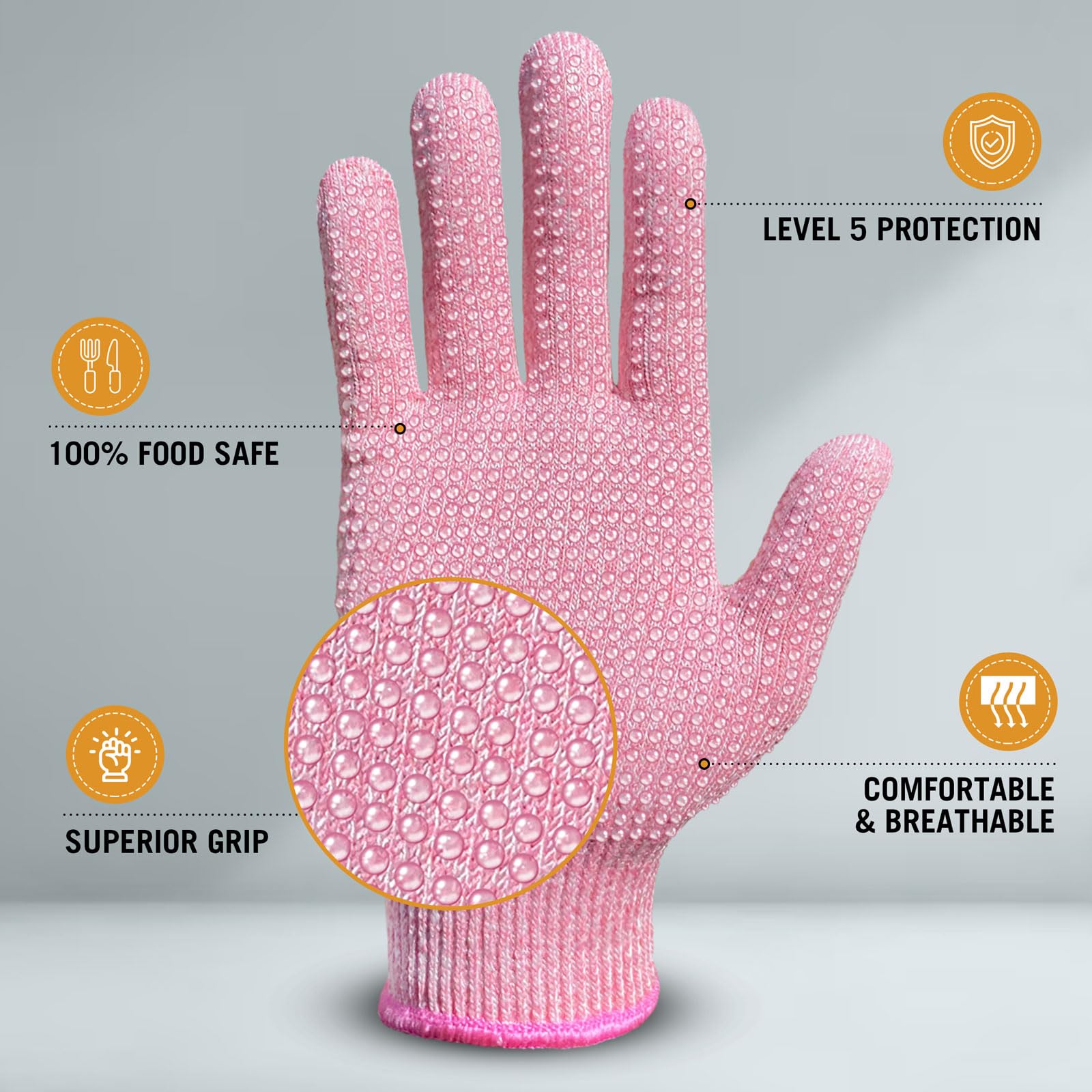 Evridwear 2 Colors 2 Pairs Combo Level 5 Cut Resistant Gloves with Strong Silicone Grip Dots Kitchen Meat cutting Fish Fillet Shucking and Mandolin Slicing Free E-book(M, Pink+Gray)