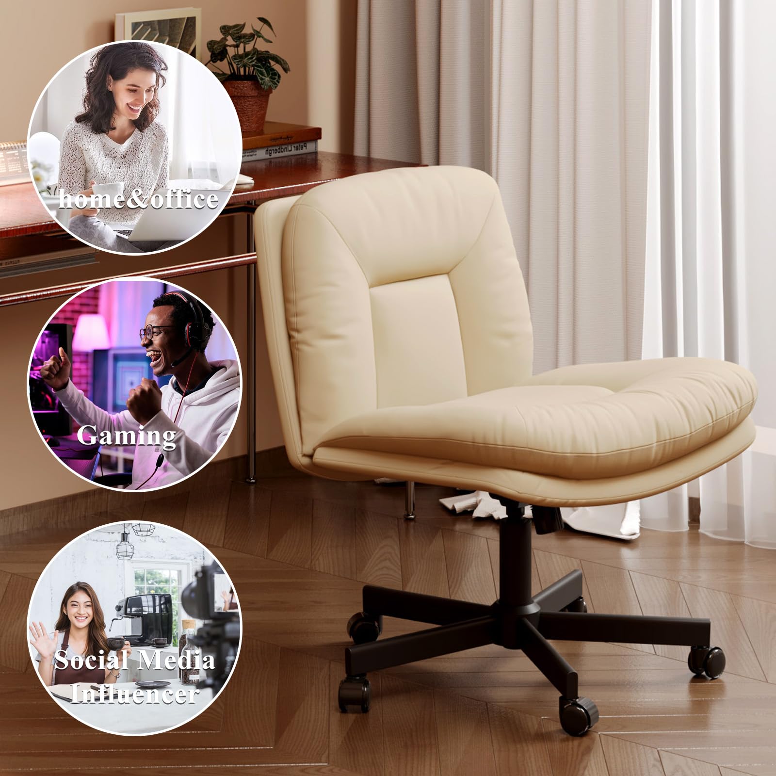 borinlan Armless Office Desk Chair with Wheels, PU Leather, Cross-Legged Wide Seat, Thickened Cushion, Adjustable Swivel, for Home/Office/Bedroom (with Wheels)