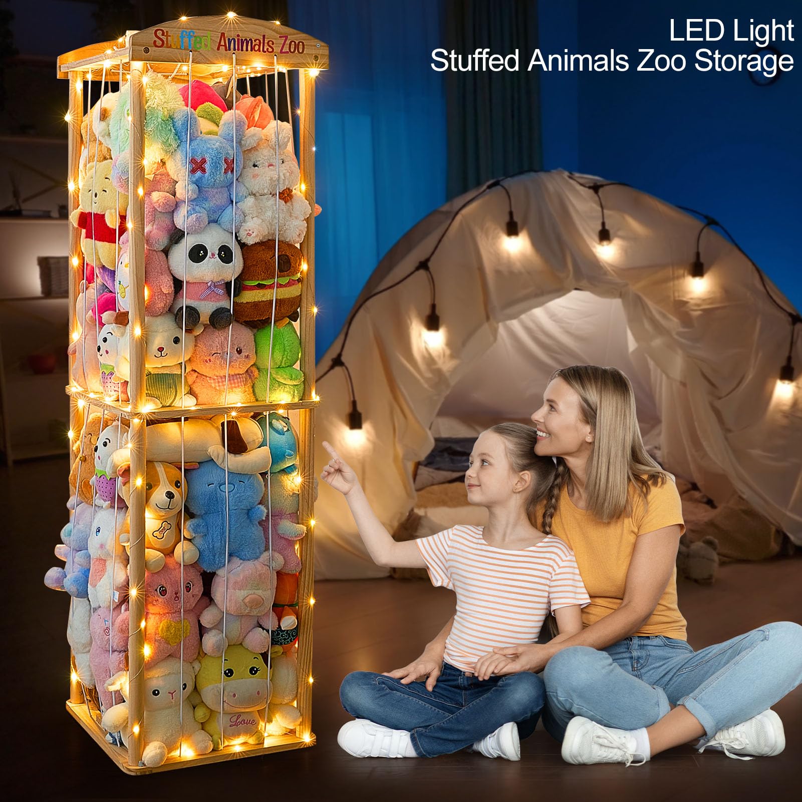 Basumee Stuffed Animals Storage Zoo with LED Light Large Wood Kids Toy Storage Organizer Holder for Stuffed Animals Girls Boys Nursery Room Bedrooms Stuff Animals Organizer