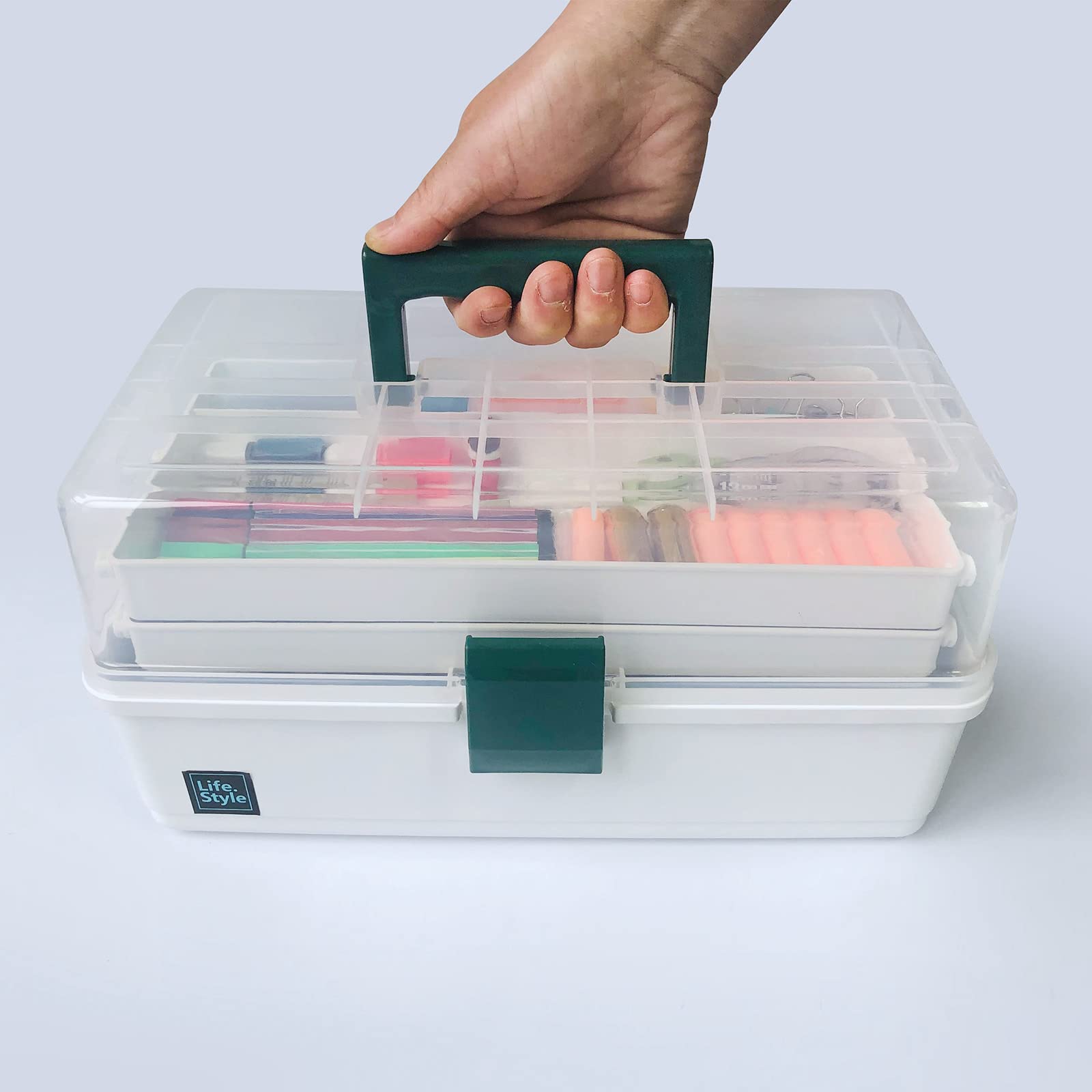 beLaxed 13 inches Craft Organizers and Storage Box, 3-Layers Multifunctional Plastic Sewing Organizing Box with Handle, for Medicine, Art Supply, Makeup, Hair Accessories, Organizer Bins