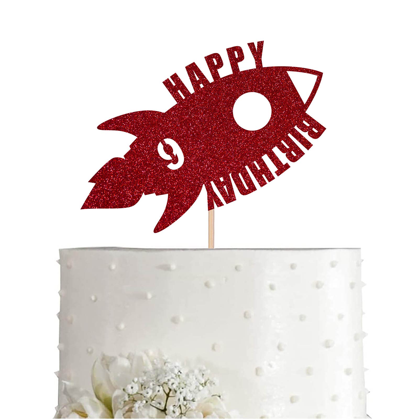 Red Rocket 9th Birthday Cake Topper, Glitter Boy Girl Space 9 Years Birthday Party Decoration