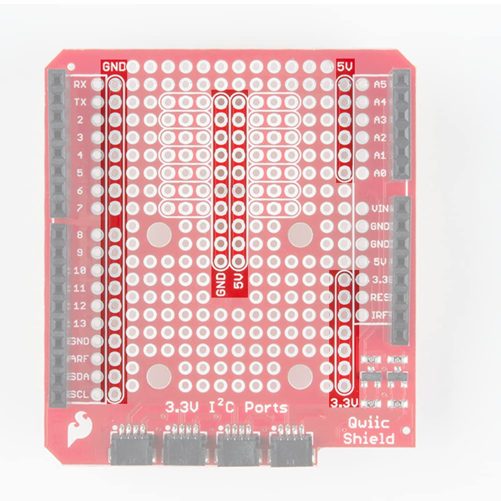 SparkFun Qwiic Shield Compatible with Arduino-Simple to incorporate Qwiic connect system w/ R3 footprint system I2C 4 mounting ports 3-by-1 power rails & ground buses Converts 5V-3.3V Soldering Needed