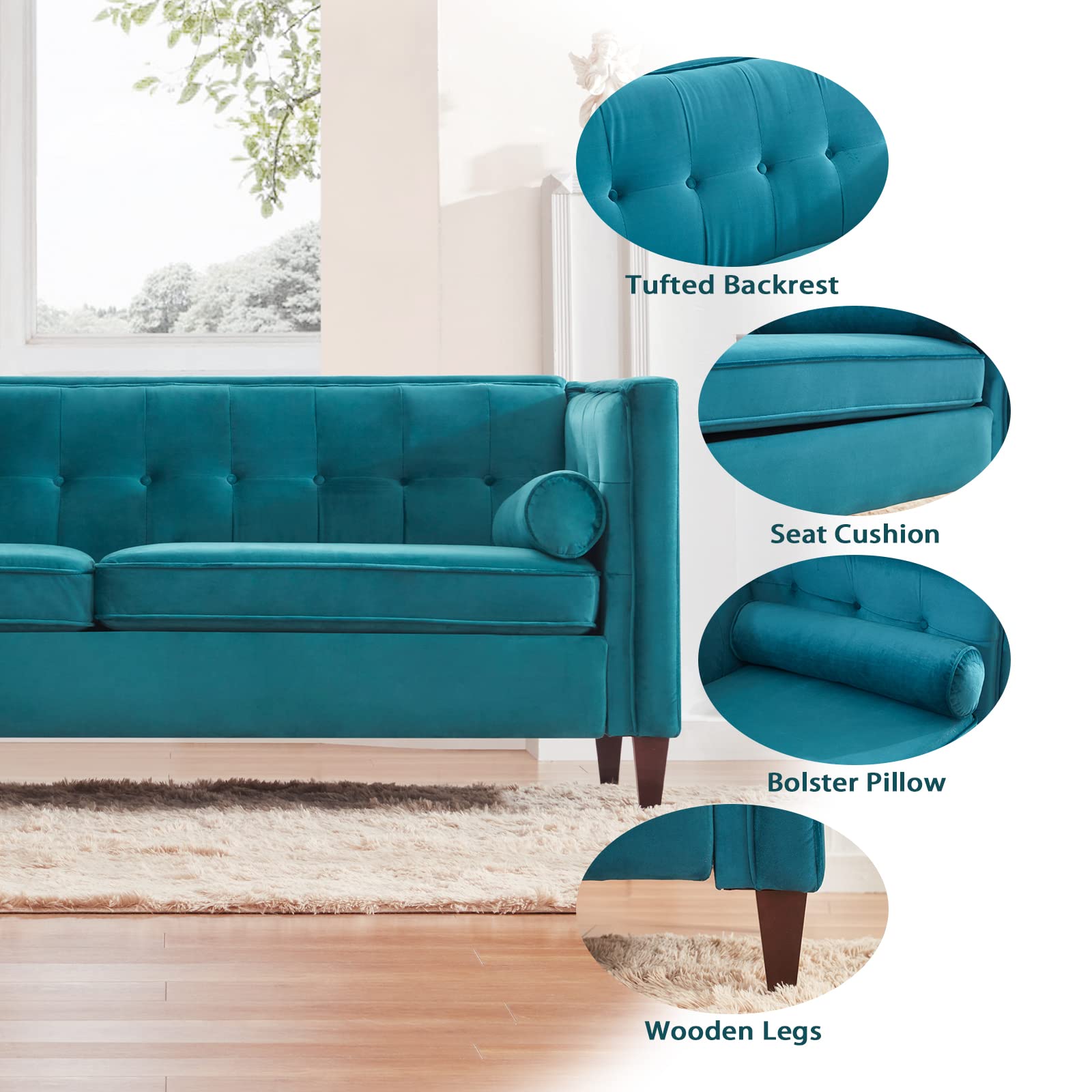 Dreamsir 78'' W Velvet Sofa, Mid-Century Love Seats Sofa Furniture with Bolster Pillows, Button Tufted Couch for Living Room, Tool-Free Assembly (Sofa, Peacock Blue)