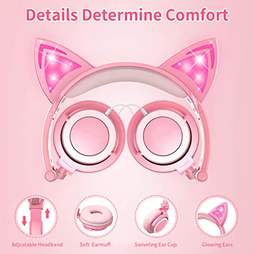 esonstyle Cat Ear Headphones for Kids, Wired Kids Headphones with LED Light Up, 85dB Volume Limited, Foldable 3.5mm Jack Headphones for School/Travel/iPad/Tablet (Peach)
