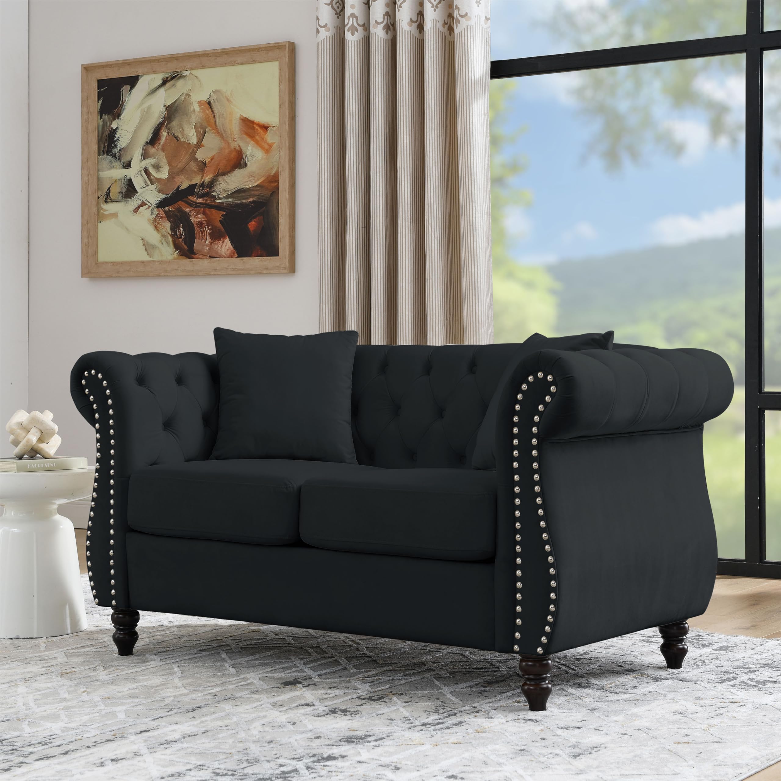 ATUMON 59" Chesterfield Loveseat Velvet Sofa for Living Room,2-Seater Sofa Tufted Couch with Two Pillows,Rolled Arms and Nailhead for Living Room, Bedroom, Office Black