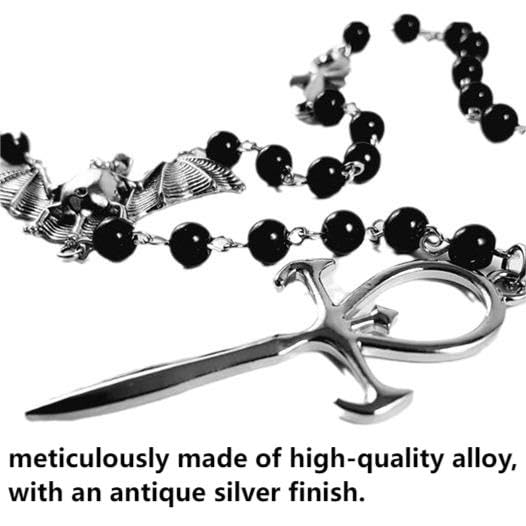Ankh Cross Bat Necklace Religious Grunge Gothic Vampire Black Long Rosary Beaded Ancient Egyptian Necklace for Women