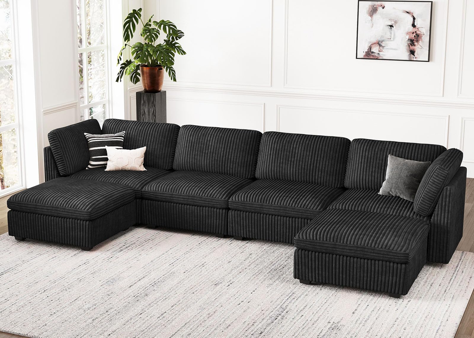 Belffin Oversized U Shaped Modular Sectional Sofa 6 Seat Corduroy Cloud Modular Couch with Storage Sectional Couches for Living Room Black Couch