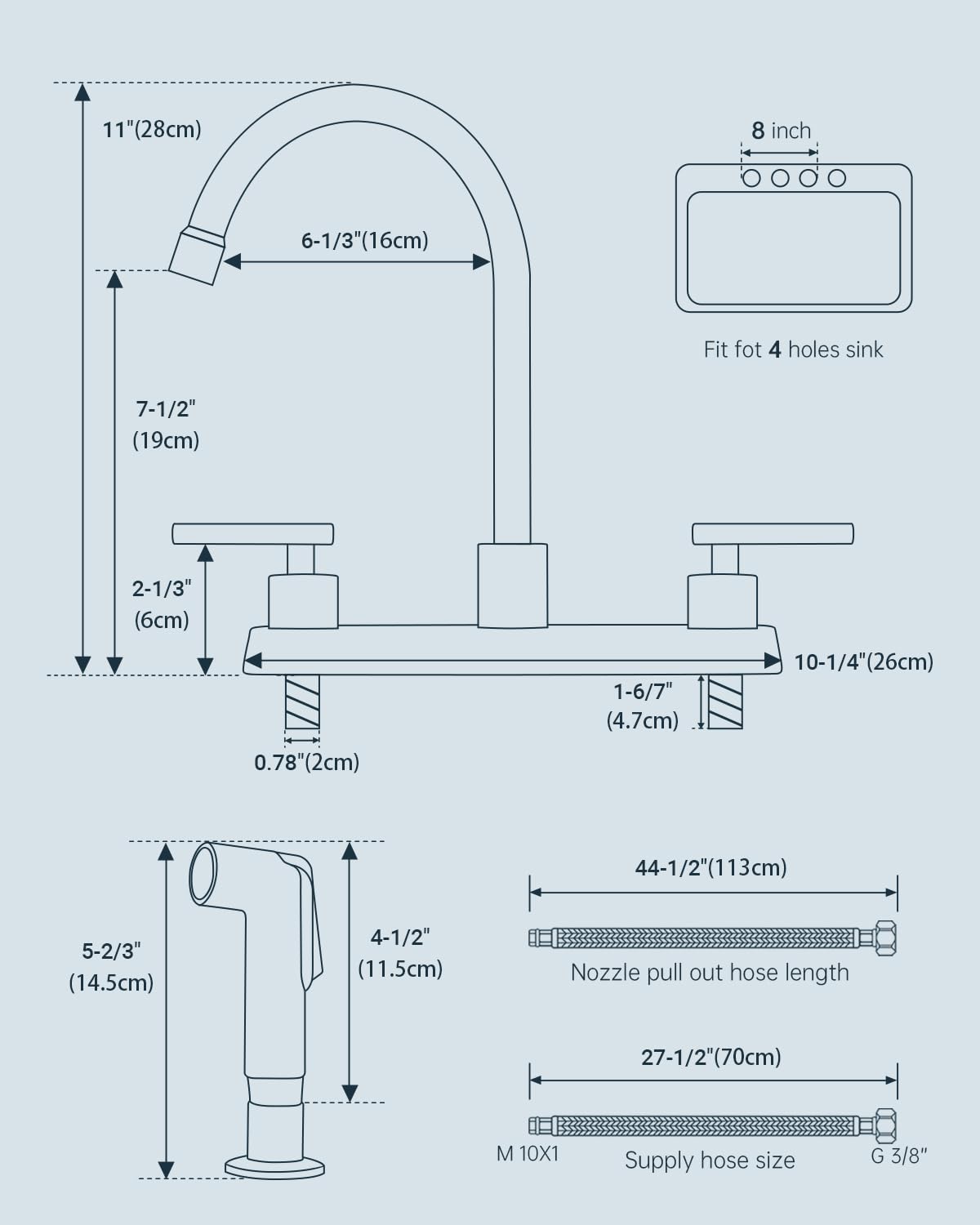 APPASO Kitchen Faucet with Side Sprayer, 2-Handle High Arch SUS304 Stainless Steel Brushed Nickel Kitchen Faucet with Pull-Out Side Spray for RV Laundry Utility Bar, 8-in 4-Hole Installation