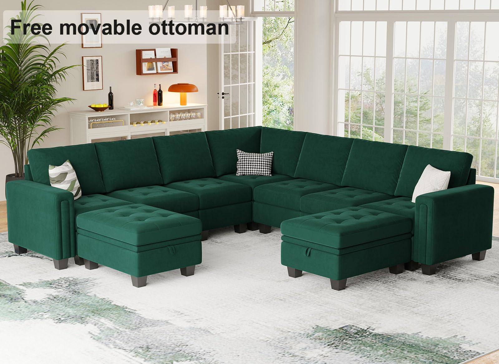 Belffin Oversized Velvet Modular 8-Seat Sectional Sofa Set with Storage Ottoman U Shaped Couch Set Modular Sectional Convertible Sofa Couch with Reversible Chaise Corner Sofa Couch Set Green