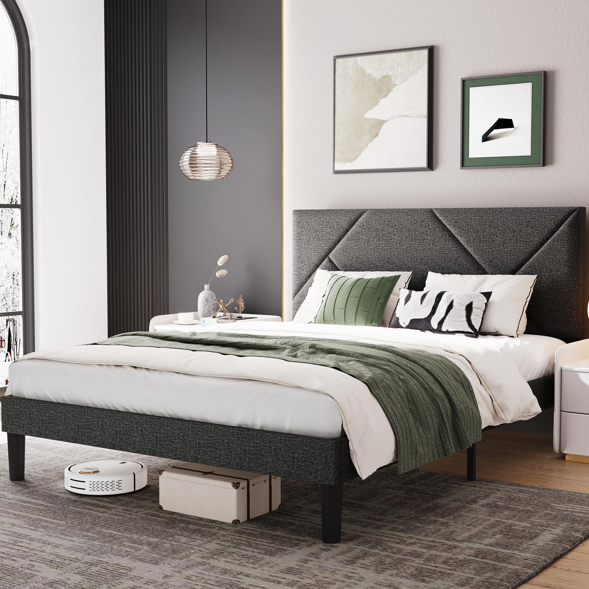 LINSY Queen Bed Frame with Adjustable Headboard, Linen Upholstered Platform Bed with Solid Wooden Slats, Heavy Duty Bed Queen Size, NO Box Spring Needed, Noise-Free, Grey