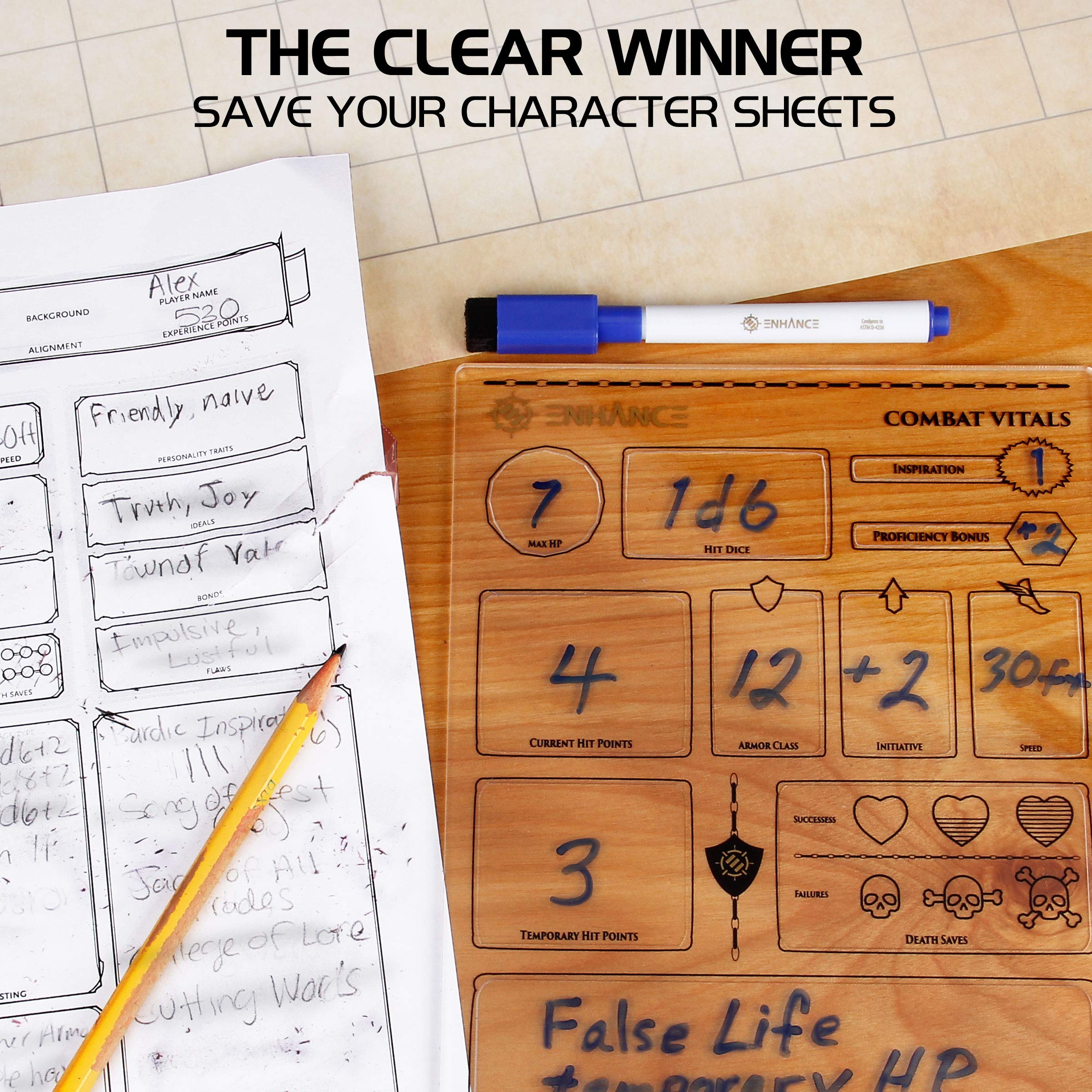 ENHANCE Tabletop Acrylic Character Sheet Set - Reusable 5e Dungeons and Dragons Character Sheets (Combat, Spell, Equipment) for All DND 5e Classes - Includes 3 Pages, Dry Erase Markers, Travel Pouch