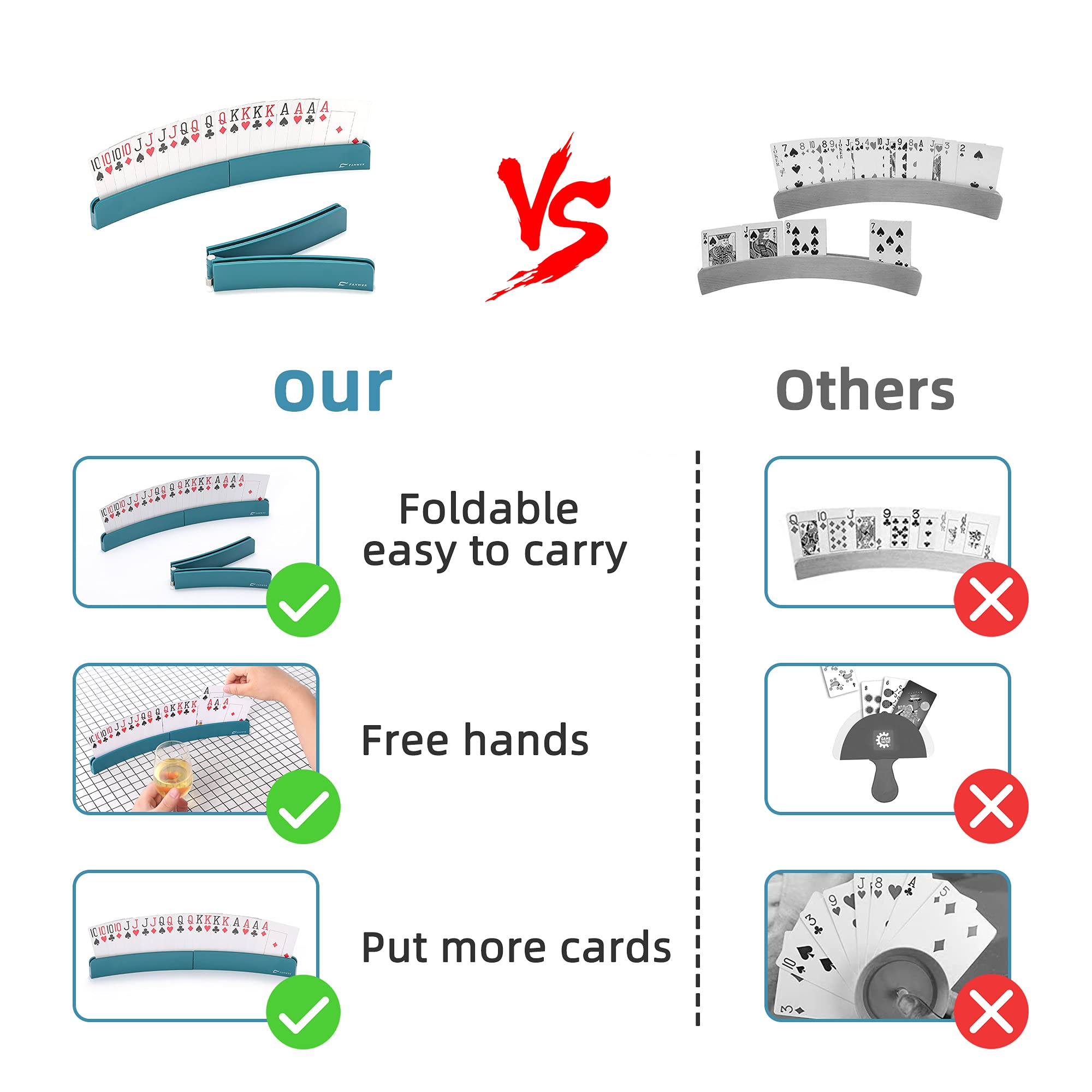 Fanwer Card Holders for Playing Cards (Set of 4), Playing Card Holders for Seniors Kids, Hands-Free Curved Foldable Plastic Card Holders, 2 Blue 2 Green, 13.4'' Long