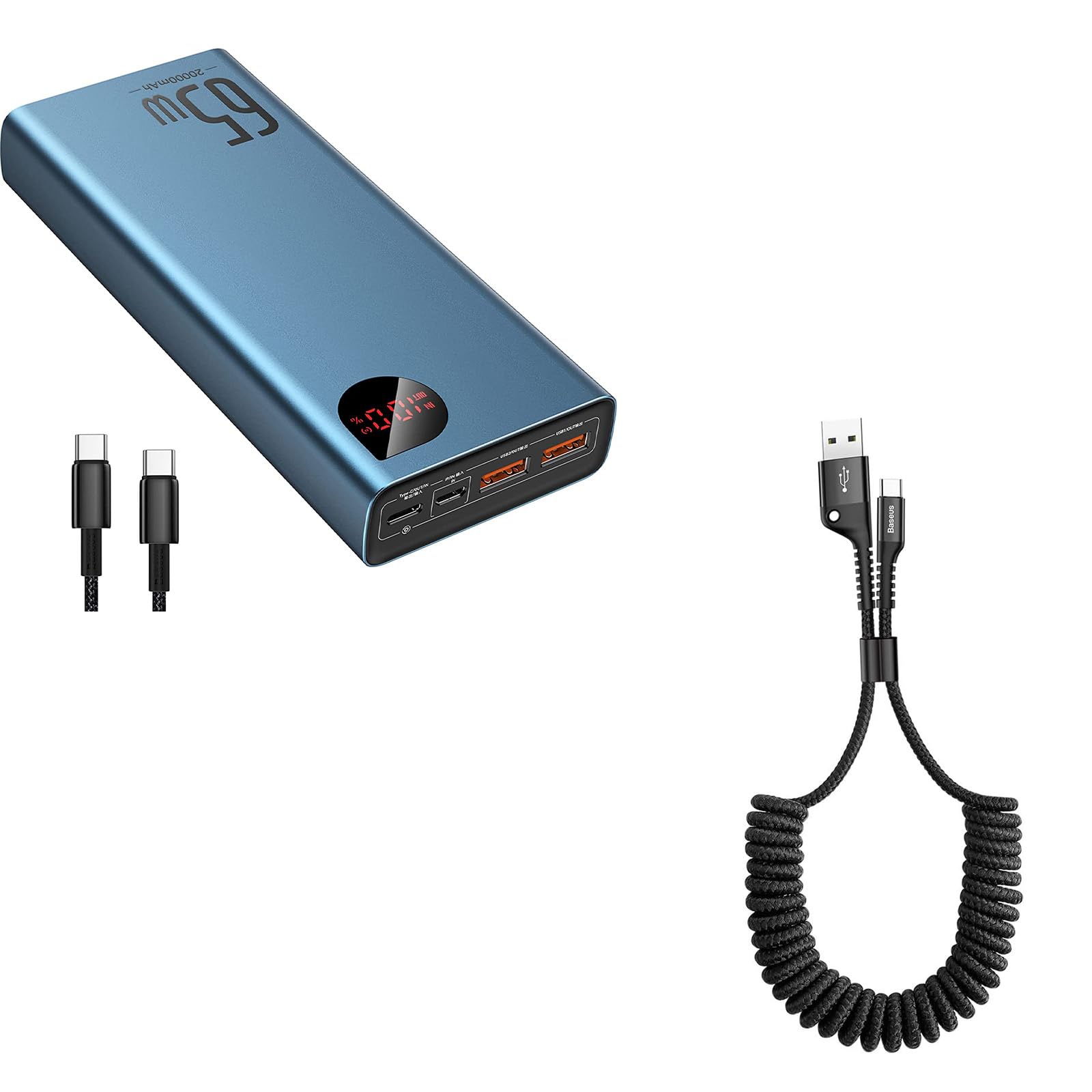 Baseus Power Bank, 65W 20000mAh Laptop Portable Charger USB Type C Cable for Car, Retractable Cable(3FT) Curly USB A to USB-C Fast Charger Cord