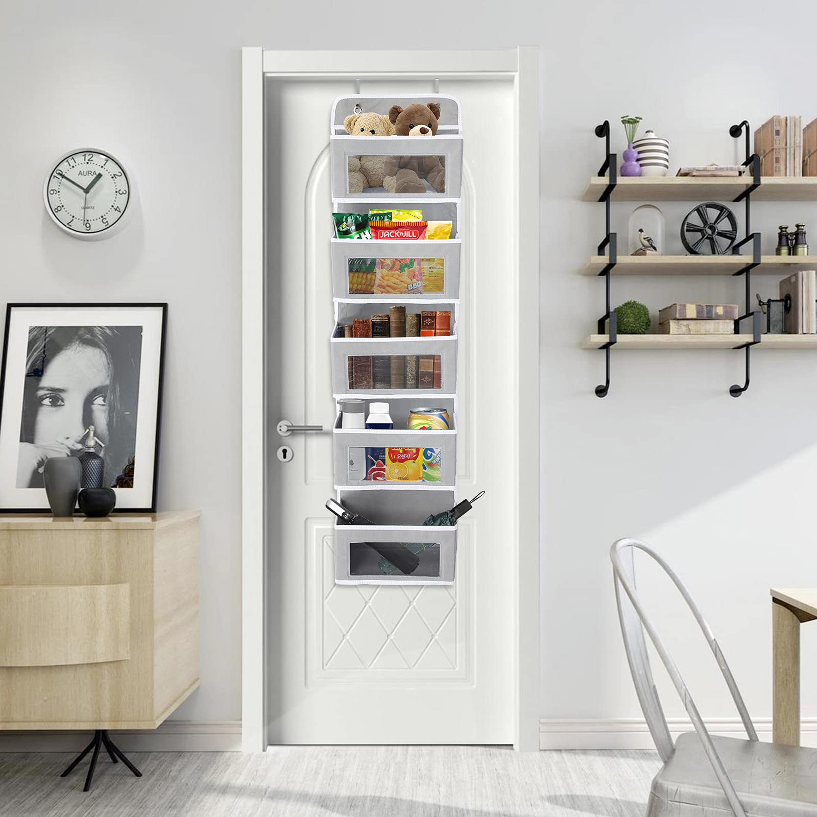 sysucpion Over The Door Hanging Organizer Storage with 5 Clear Window Large Capacity Pocket and 2 Metal Hooks for Pantry,Closet,Bathroom,Kitchen,Nursery,Dorm