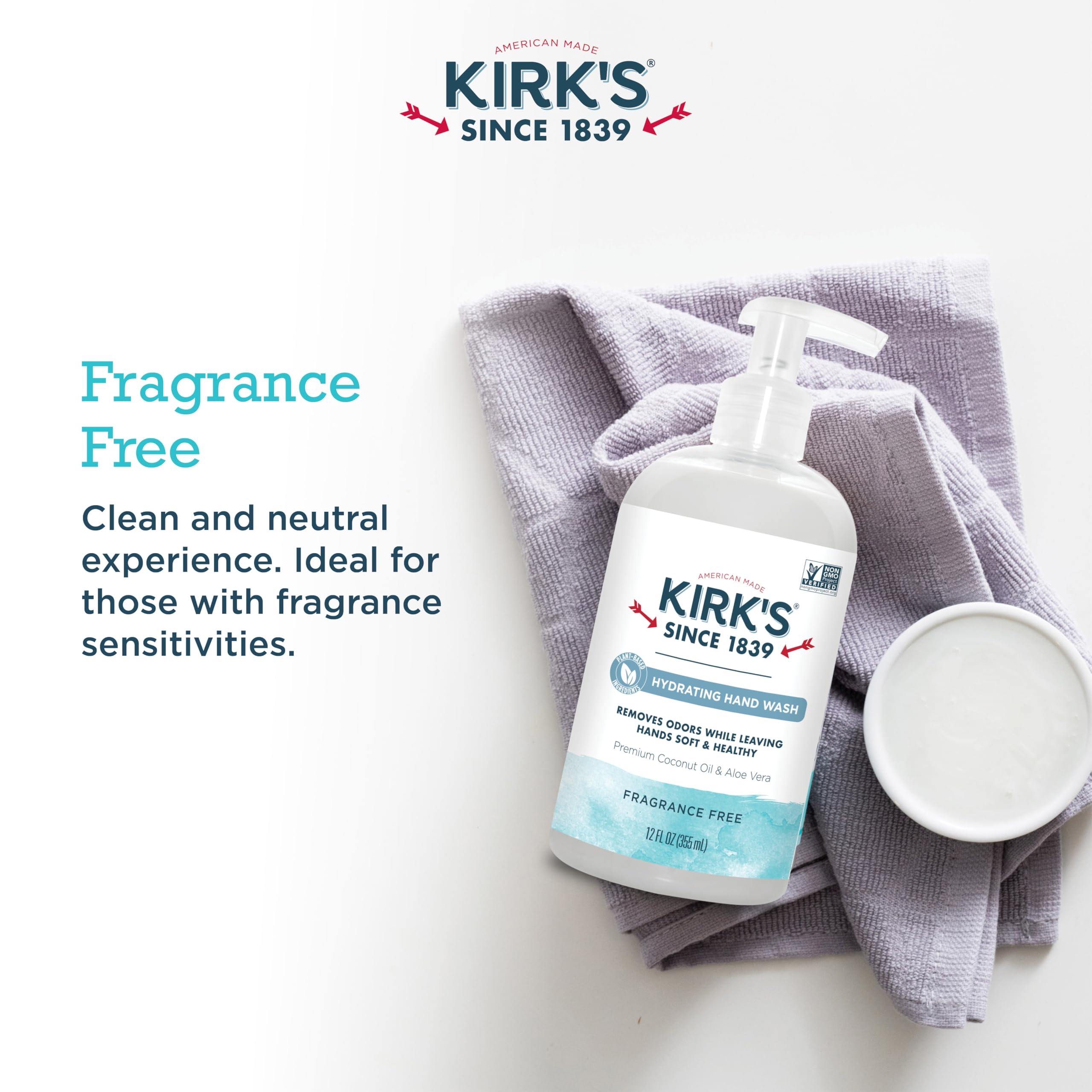 Kirk's Hydrating Hand Wash - Made with Premium Coconut Oil and Aloe Vera, With Plant Based Technology To Help Eliminate Odors, Non GMO, Vegan, Fragrance Free, 12 Fl Oz. 4 pack