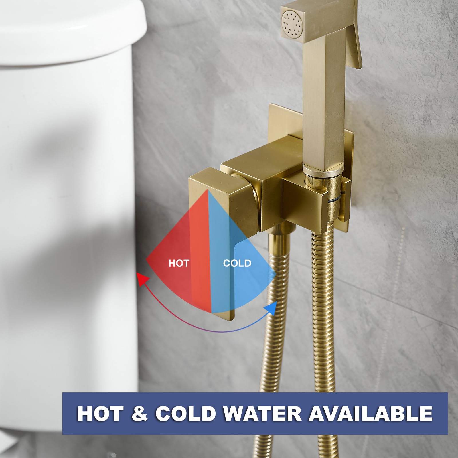 Bathfinesse Wall Mounted Bidet Sprayer Set, Warm Water Bidet Sprayer Faucet for Toilet with Hot and Cold Brass Valve, Stainless Steel Square Handheld Bidet Attachment Set, Brushed Gold