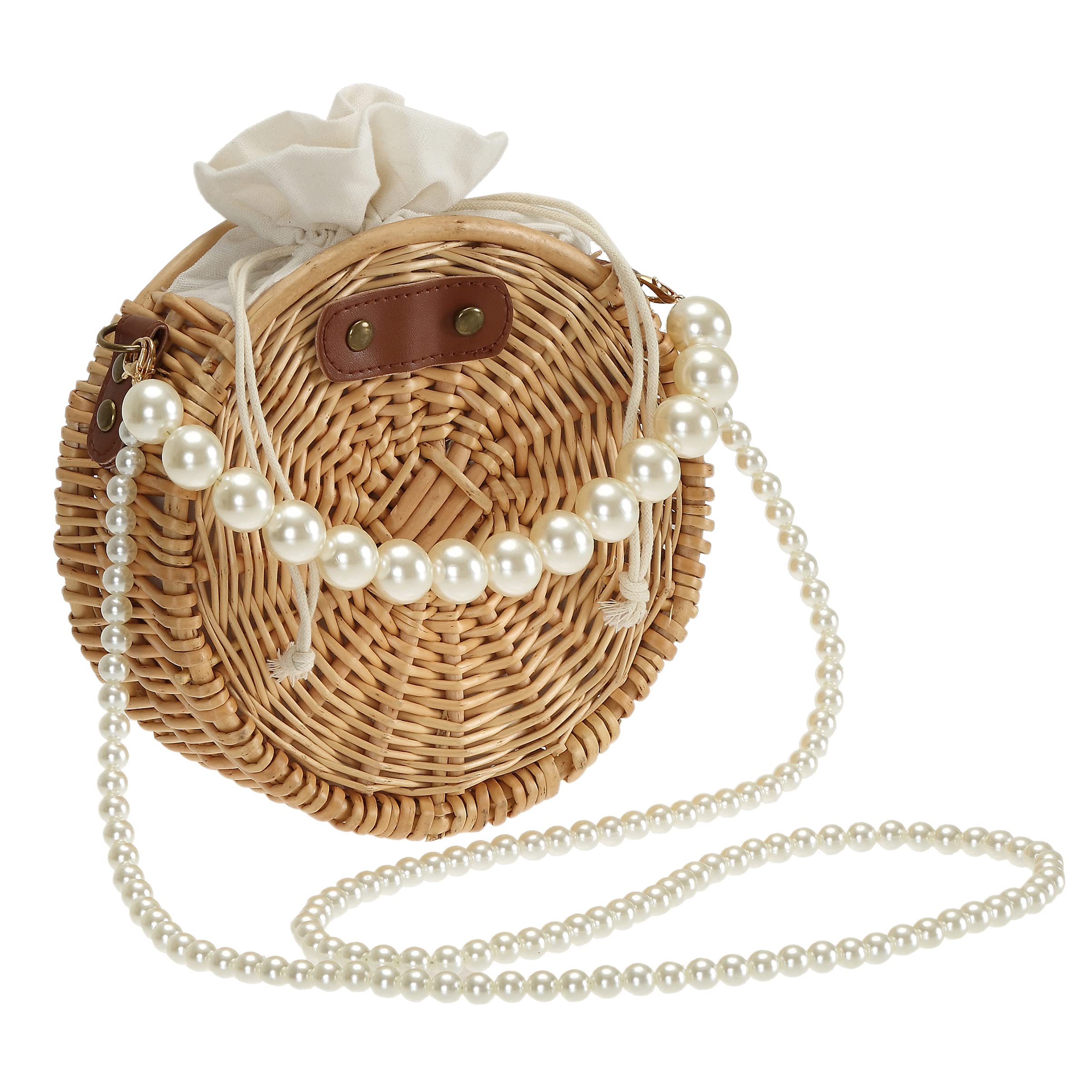 So'each Women Handmade Rattan Wicker Woven Artificial Pearl Circle Shoulder Bag