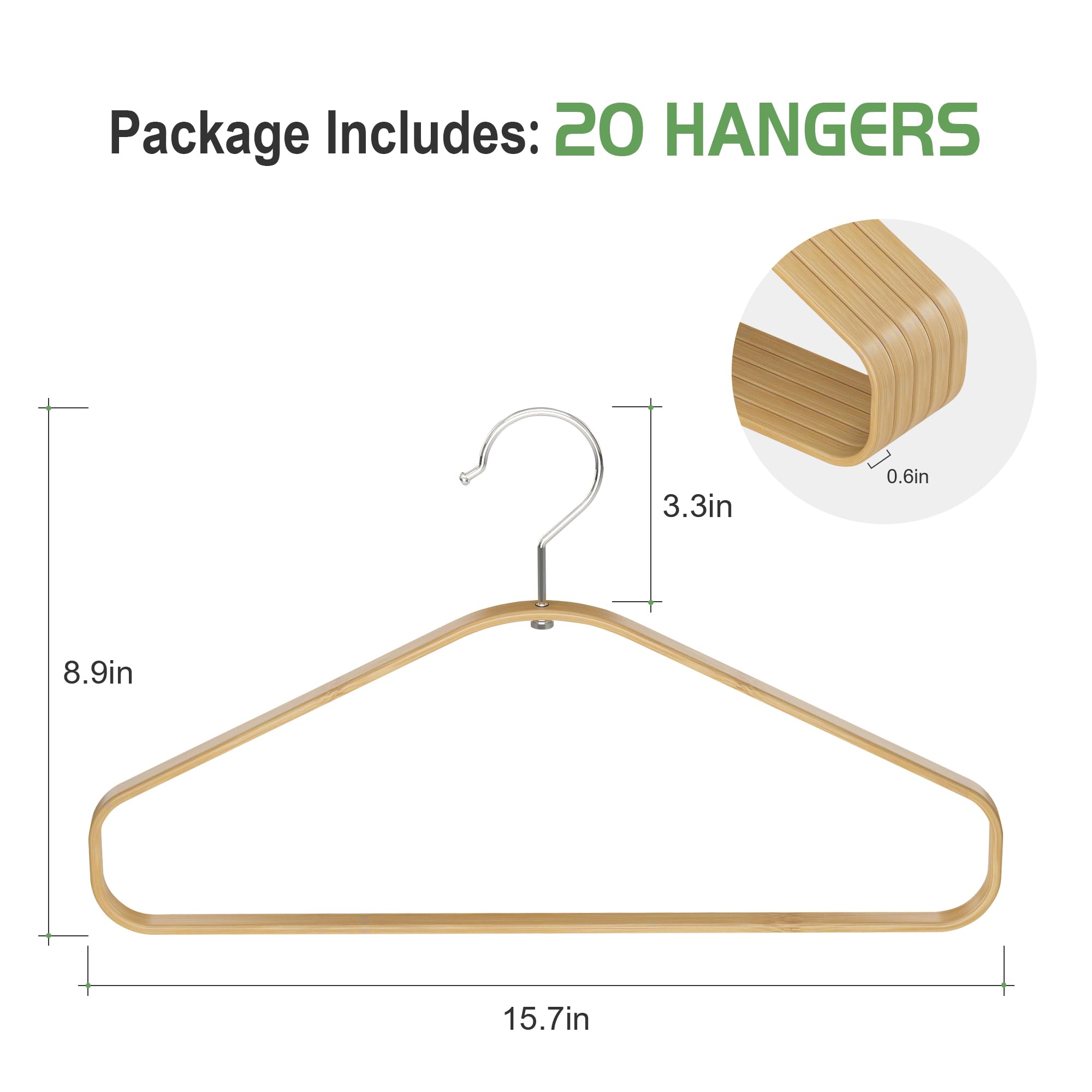APRTAT Bamboo Hangers 20 Pack - Durable & Slim Coat Hanger - Suit Hangers with 360-Degree Rotatable Hook, Suit Hangers for Clothes, Jacket, Shirt, Tank Top, Pant (Natural-1, 20)