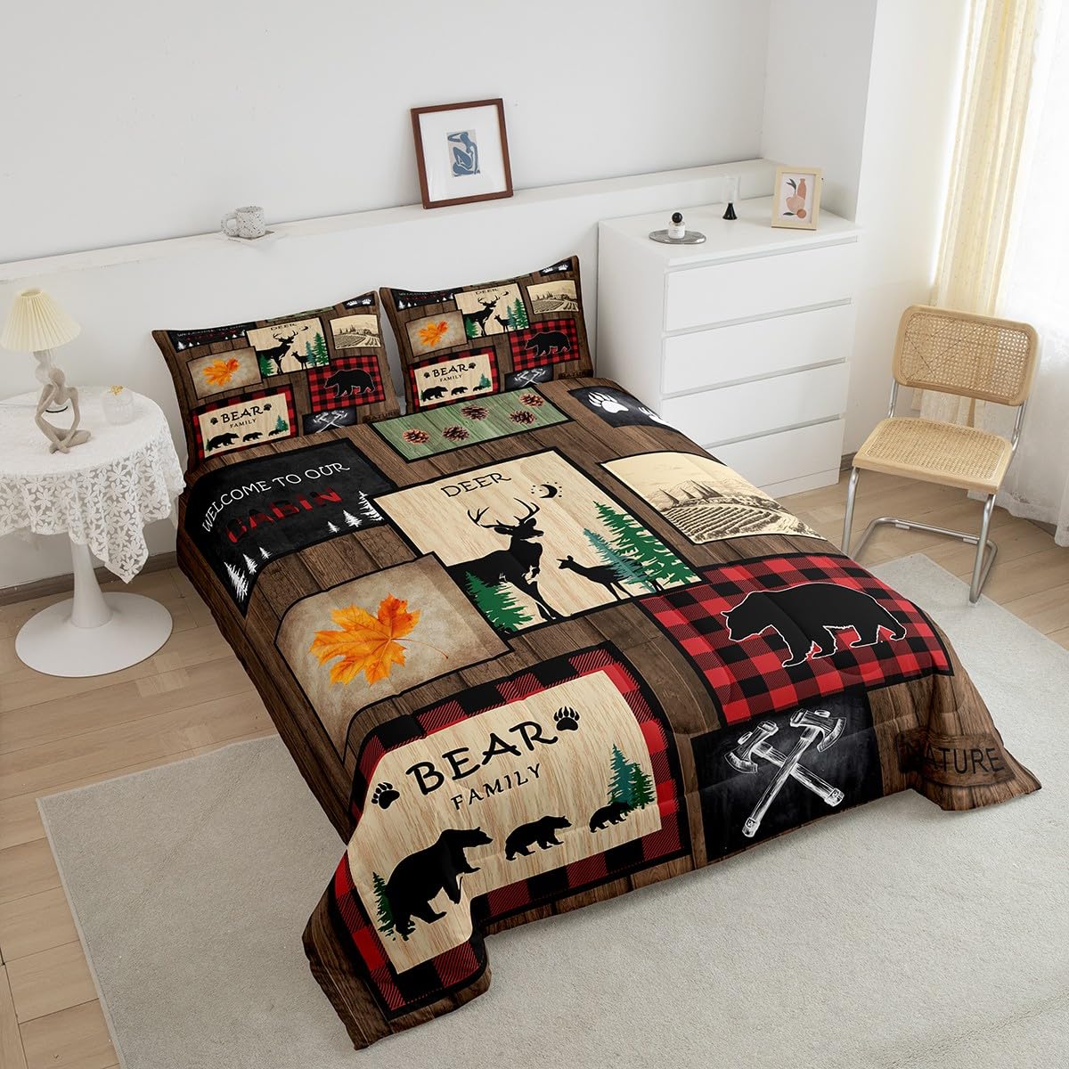 Manfei Rustic Comforter Set King Size, Wildlife Deer Bear Trees Print Quilt Set with 2 Pillowcases, Farmhouse Style Camping Bedding Set 3pcs for Kids Boys Teens Bedroom Decor