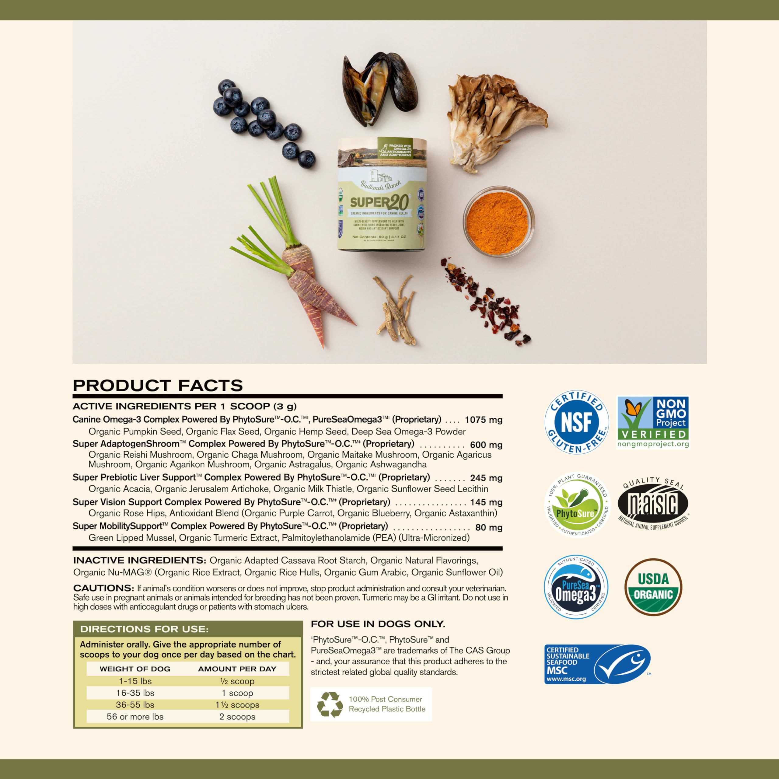 Badlands Ranch - Super20 Canine Supplement Organic Ingredients Multi-Benefit Supplement, Ashwagandha, Help w/Canine Well-Being, Heart, Joint, Vision, Antioxidant Support by Katherine Heigl (30 scoops)