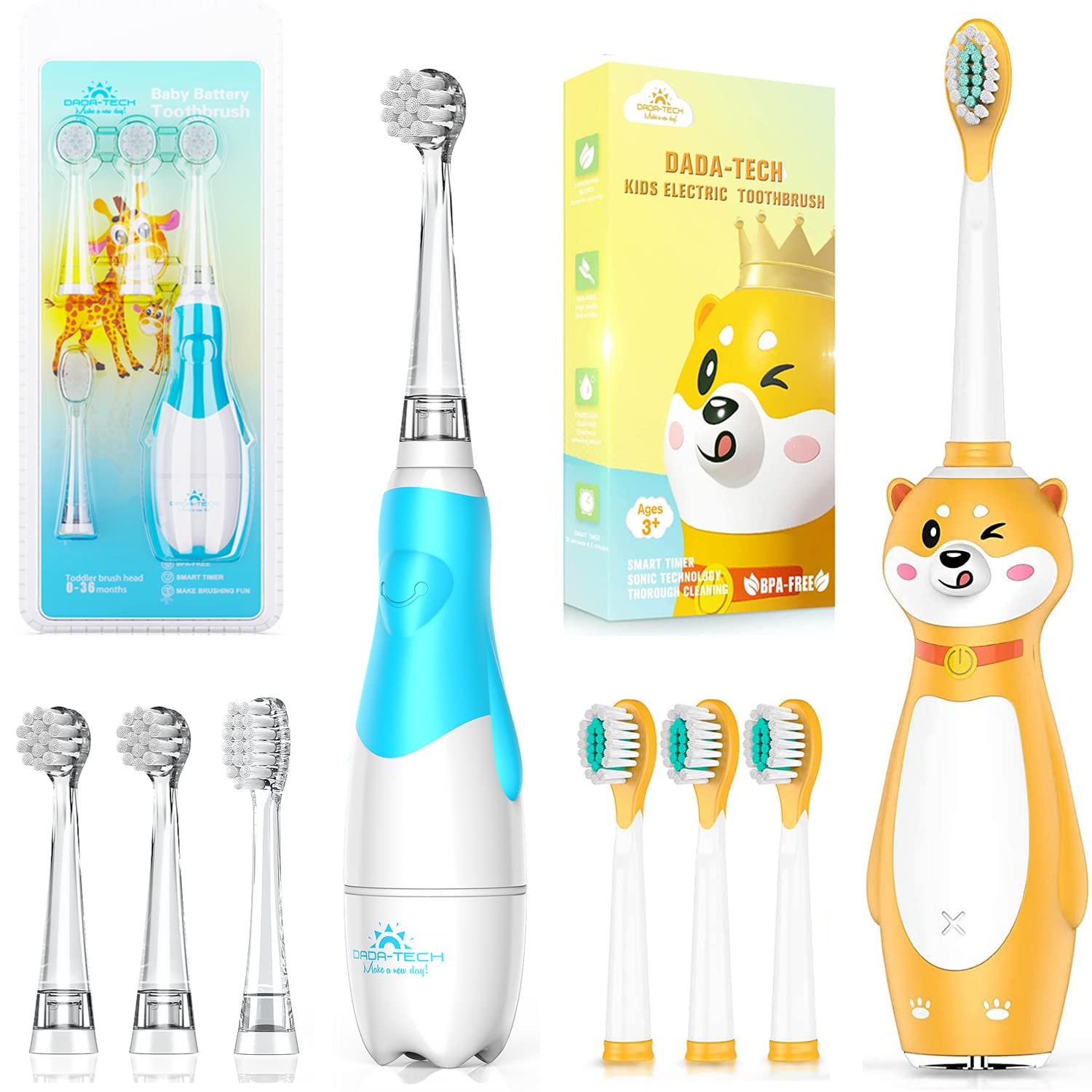 DADA-TECH Baby Electric Toothbrush Blue Ages 0-3 Years, Kids Electric Toothbrush Rechargeable Yellow Ages 3+