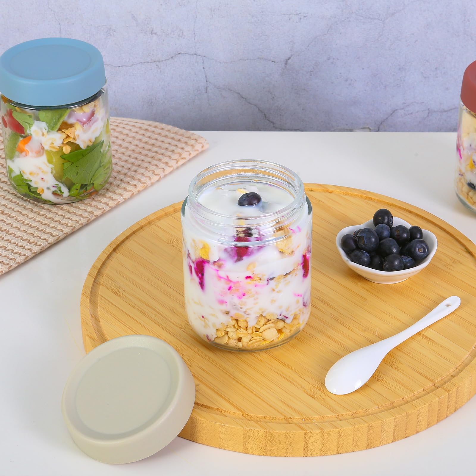 AQSXO 4 pack 10 oz Overnight Oats Containers with Lids, Glass jars with Airtight Lids, Snacks Containers Pudding Yogurt Storage Mason Jar.