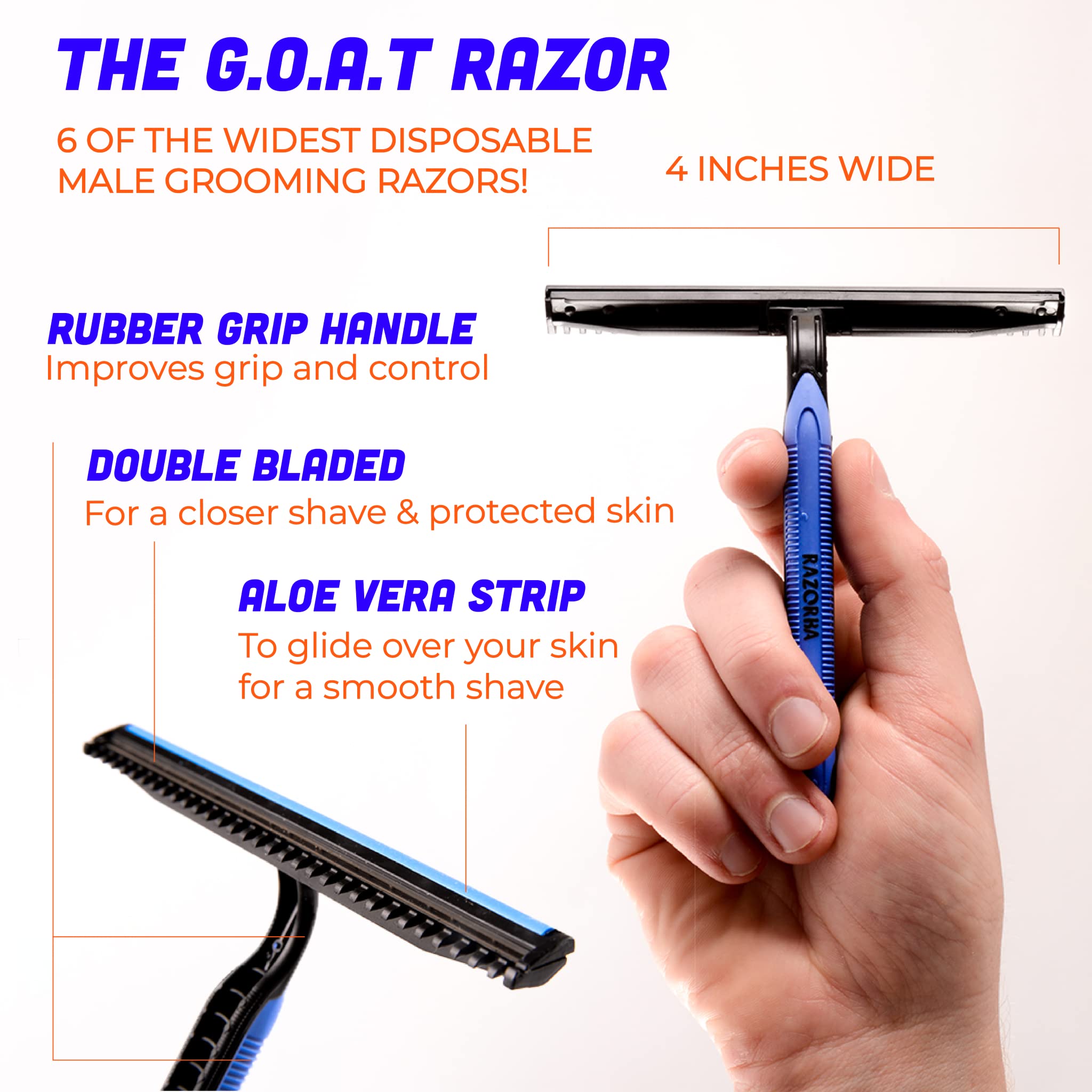 Razorba GOAT Wide Body Shaver for Men (6 PACK) Body Manscape Razors. 6 Wide Disposable Body Shavers. Skin Sensitive Back Shavers for Men. Shave Wet or Dry. Easy to Use Man Groomer