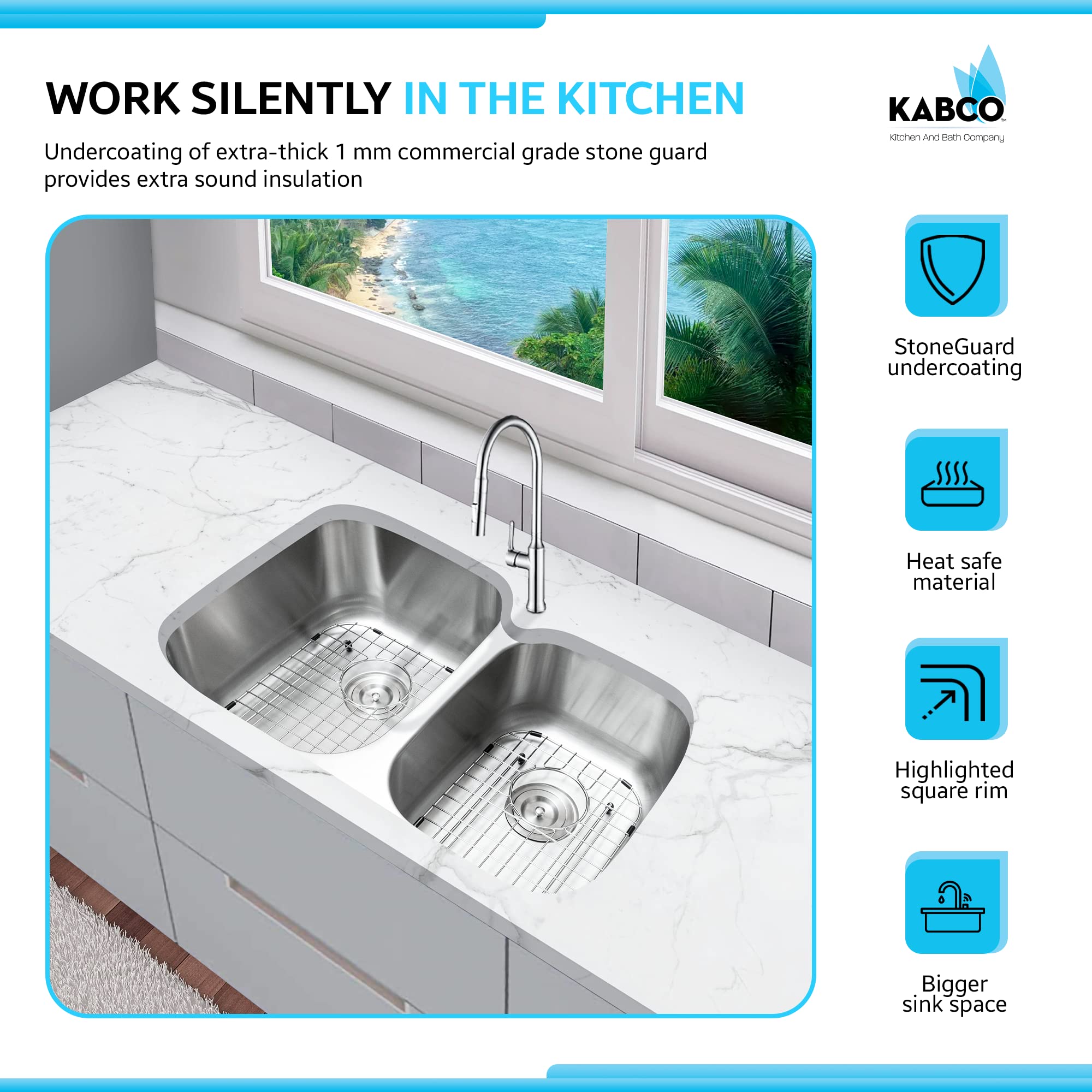 KABCO 32 Inch 18 Gauge Undermount Stainless Steel Classic Kitchen Sink, Rust Resistant, Sound and Heatproof, Double Unequal Bowl Swirl Finish Sink with Sink Strainers, Garbage Baskets and Sink Grids