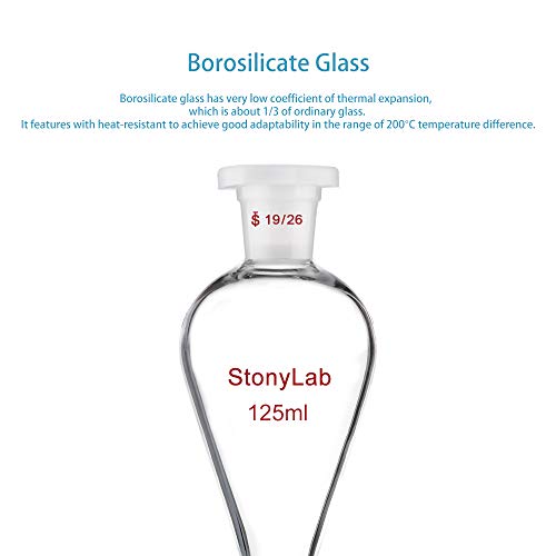stonylab Borosilicate Glass 125 ml Heavy Wall Conical Separatory Funnel with 19/26 Joints and PTFE Stopcock, 125 ml