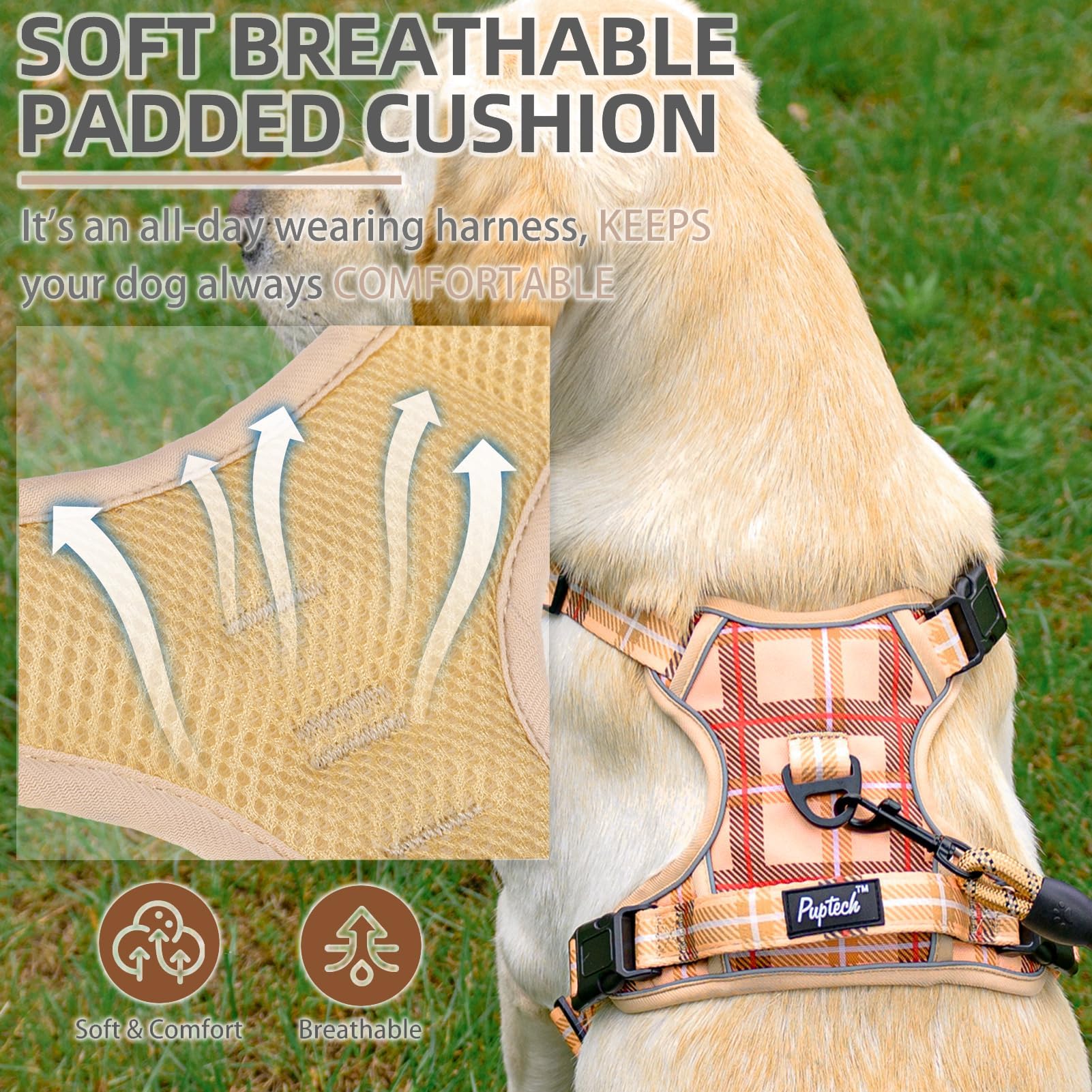 PUPTECK No Pull Dog Harness and Leash Set with Handle Reflective Adjustable Padded Vest Escape Proof for Small Medium Large Dogs Walking Training Hiking, Plaid Beige L