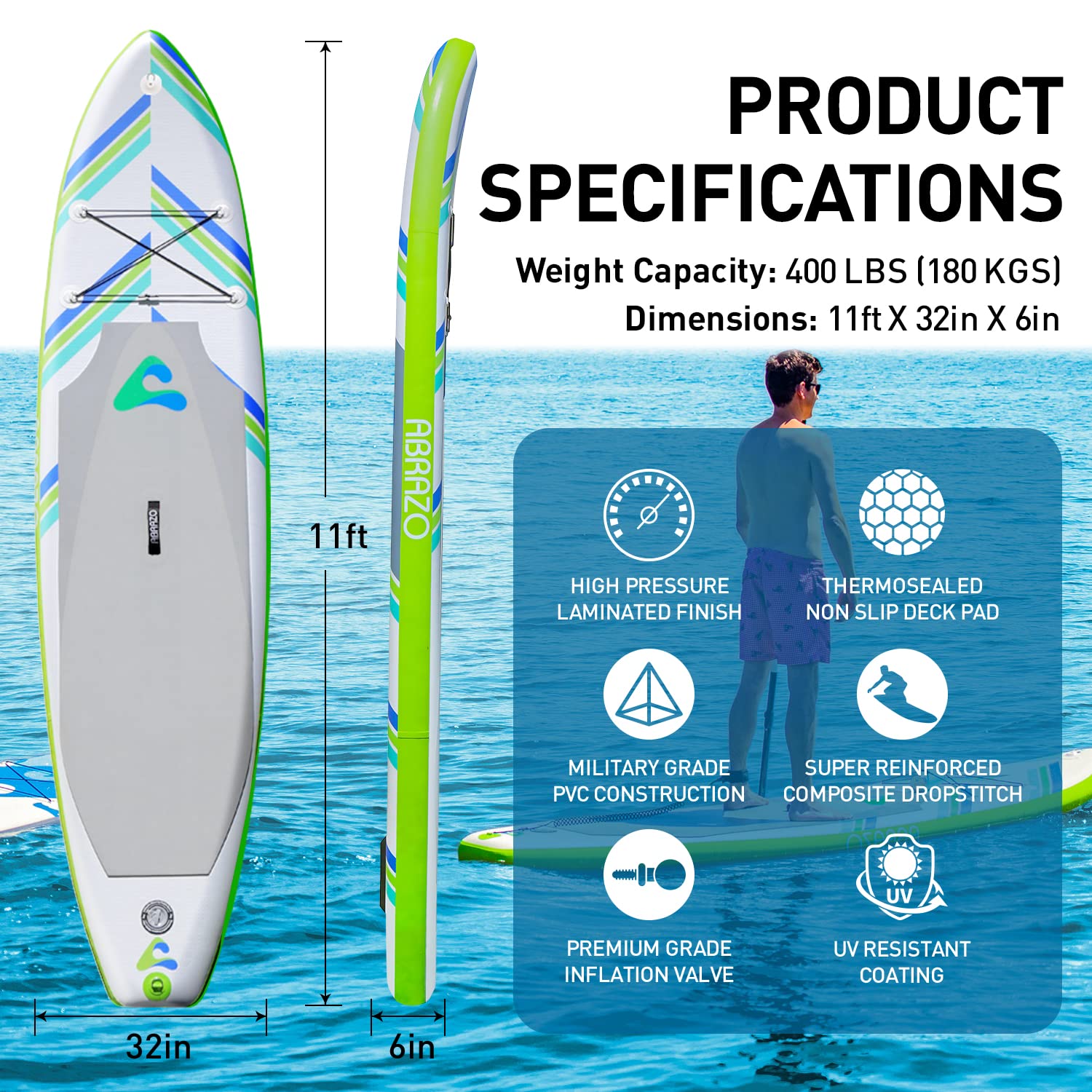 Abrazo Inflatable Stand Up Paddle Board for Adults - Durable, Thick and Slip Resistant Paddle Board with SUP Accessories: Paddle, Patch Repair Kit, Hand Pump, SUP Leash, and SUP Backpack