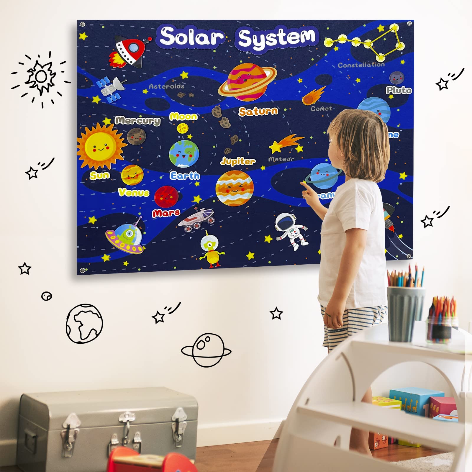 UTKTOUKO 40Pcs Solar System Planets Toys Felt Flannel Board Story Set for Kids 3.5 Ft Preschool Early Learning Interactive Storytelling Play Kit Reusable Wall Hanging Space Toys Gift for Toddlers