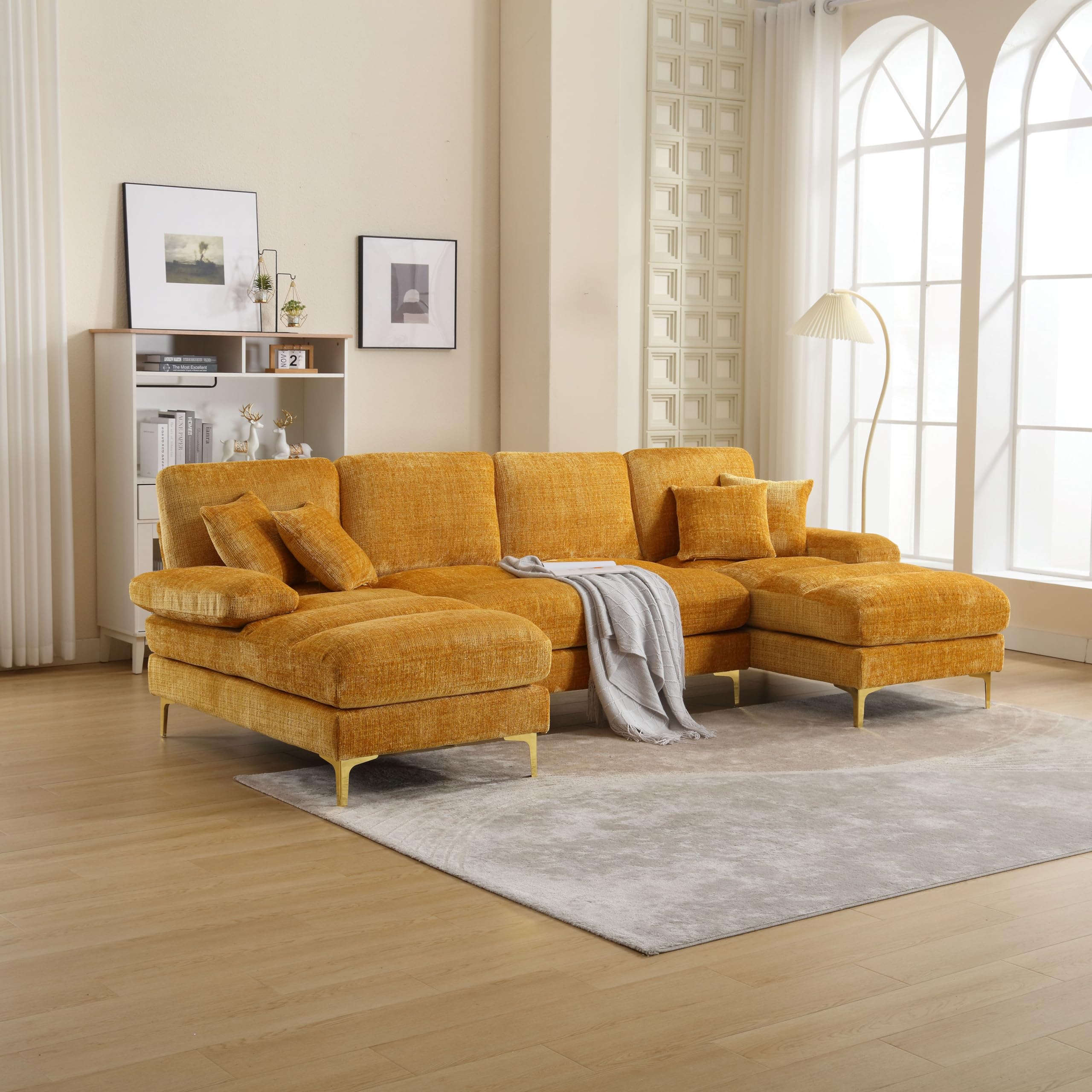 LUCKHAO Modern Large Sectional Sofa with 2 Chaises Lounges, U-Shaped Sectional Couch, Metal Legs, Comfy Deep 4 Seats Upholstered Living Room Furniture(Yellow)