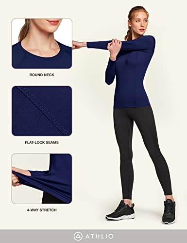 ATHLIO Women's Sports Compression Shirt, Cool Dry Fit Long Sleeve Workout Tops, Athletic Exercise Gym Yoga Shirts, 2pack White/Navy, Medium