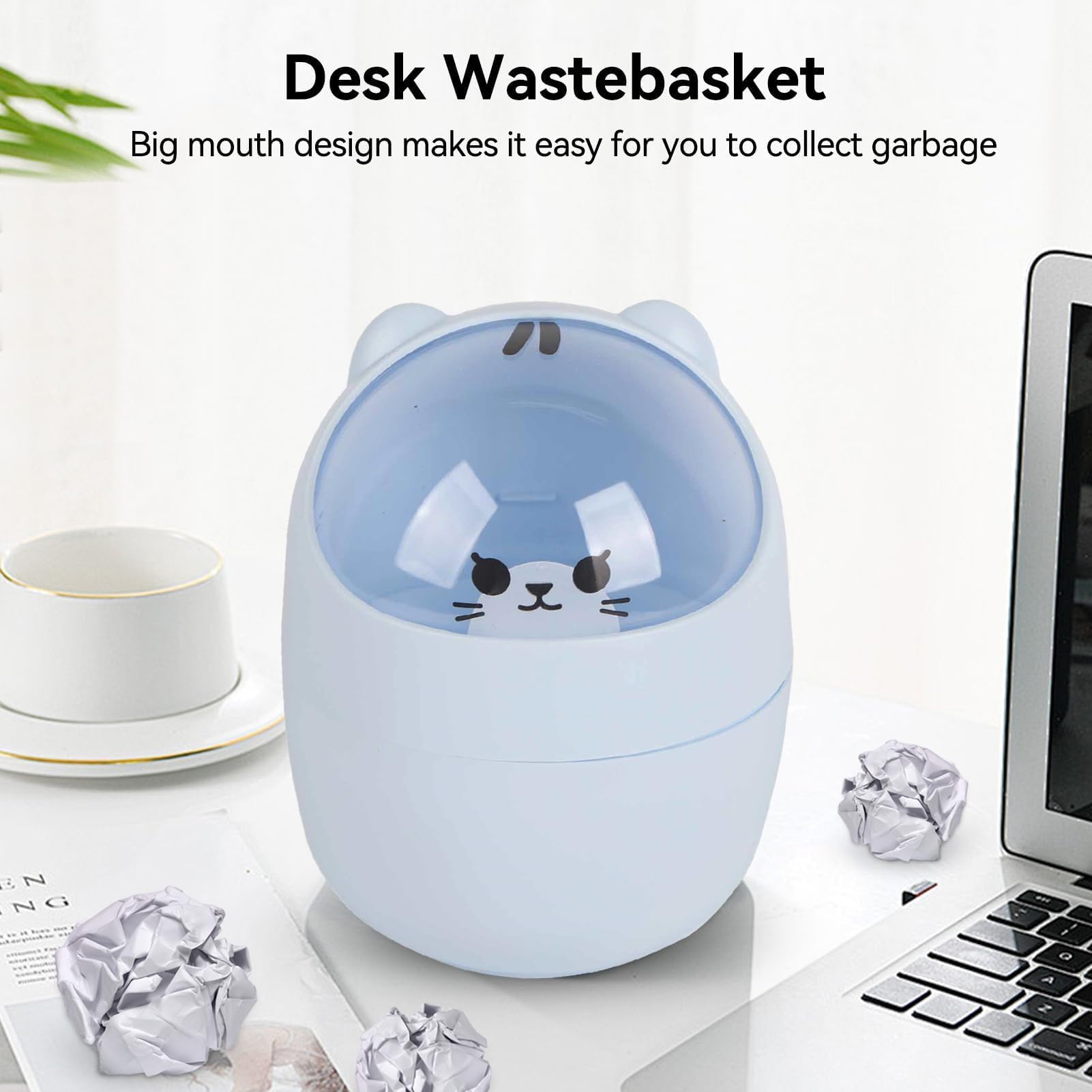 Cute Mini Desktop Trash Can, Cartoon Cat Animal Shape Waste Paper Bin with Swing Lid Mini Countertop Trash Can Small Garbage Can(Blue)