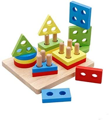 DalosDream Wooden Educational Preschool Toddler Toys for 1 2 3 45 Year Old Boys Girls Gifts Shape Color Recognition Geometric Board Blocks Stack Sort Chunky Puzzles Kids Baby Non-Toxic Toy