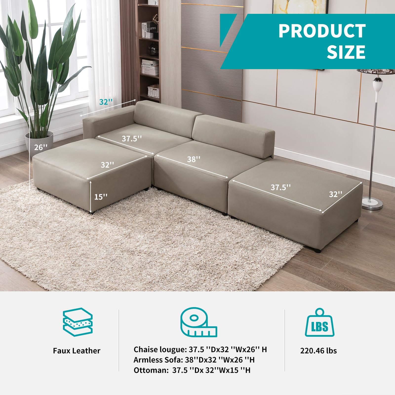 BALUS 113''Sectional Sofa L Shaped Sleeper of Convertible, Modular Sectional Sofa, Convertible Sectional Sofa with Ottoman for Living Room, W113*D64*H26, Beige