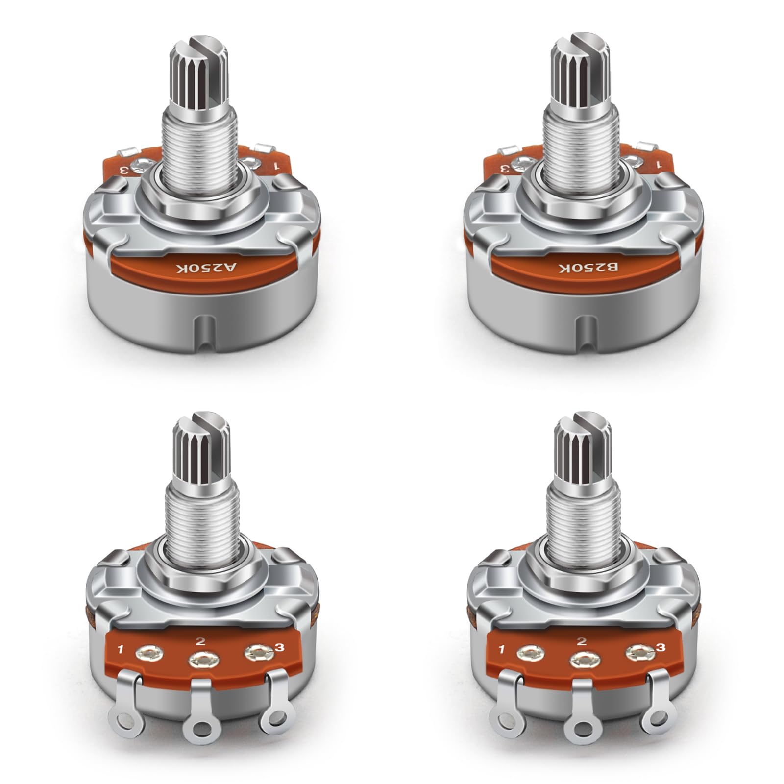 SAPHUE 4PCS A250K+B250K+A500K+B500K Push Pull Potentiometer Brass Metric Coarse 18-Spline Split Shaft Pots Audio Taper Potentiometers for Electric Guitar Bass,2T2V (250K&500K)