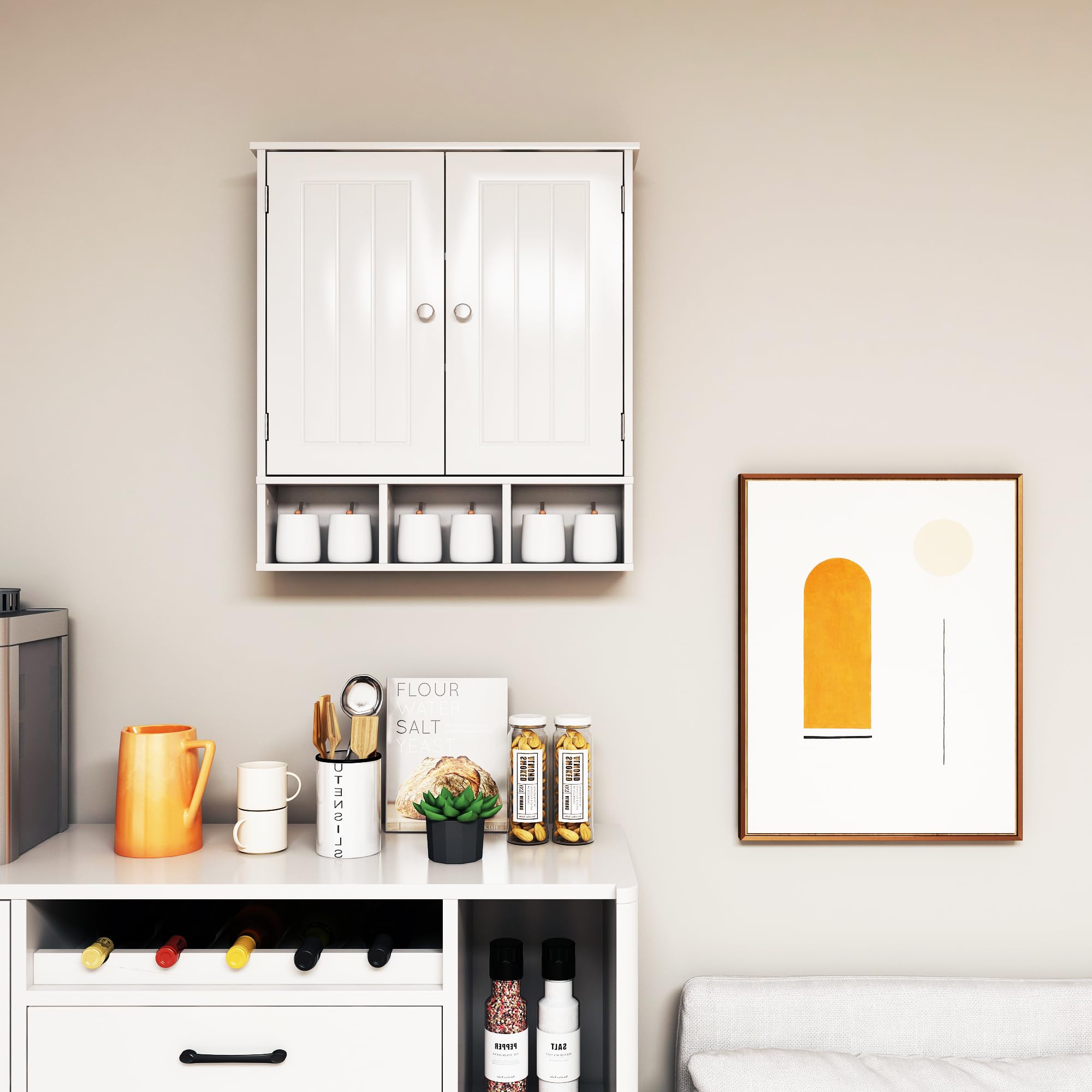 Bathroom Medicine Cabinet 2 Doors with 3 Open Shelves, Over The Toilet Storage Wall Mounted Medicine Cabinet with Adjustable Partitions,Home Bathroom Cabinet for Bathroom,Living Room,Kitchen,White
