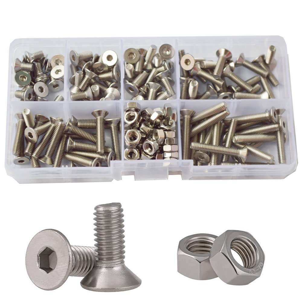 Flat Hex Socket Head Cap Screws Metric Threaded Hexagon Allen Head Drive Countersunk Machine Bolts Nuts Metal Standard Fastener Hardware Assortment Kit Set 180pcs 304 Stainless Steel M4