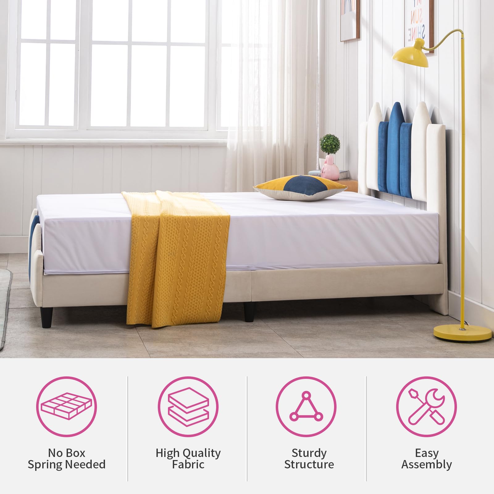 Mixoy Twin Size Kids Bed Frames,Upholstered Twin Platform Bed Frame for Children with Headboard,Toddler Bed for Boys & Girls, Teens,No Box Spring Needed, Easy Assembly(Blue/White,Twin)